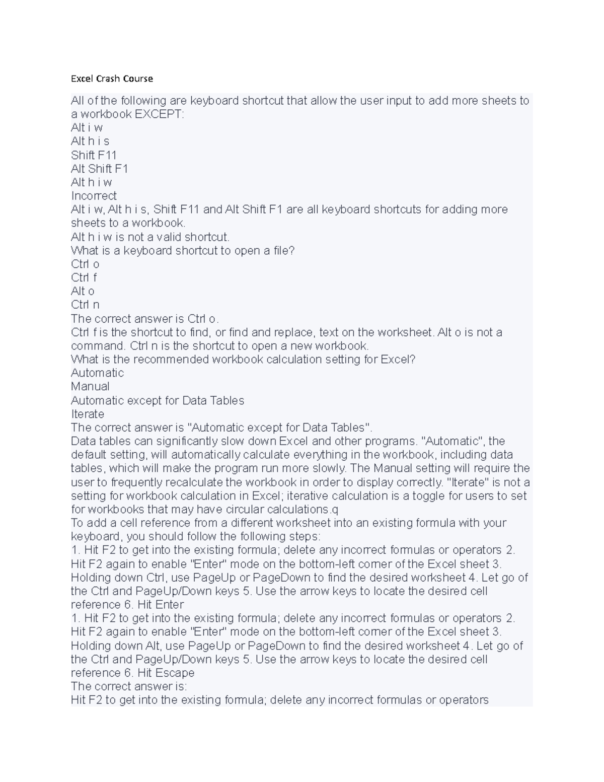 Excel Keyboard Shortcuts: Comprehensive Crash Course Guide - Studocu