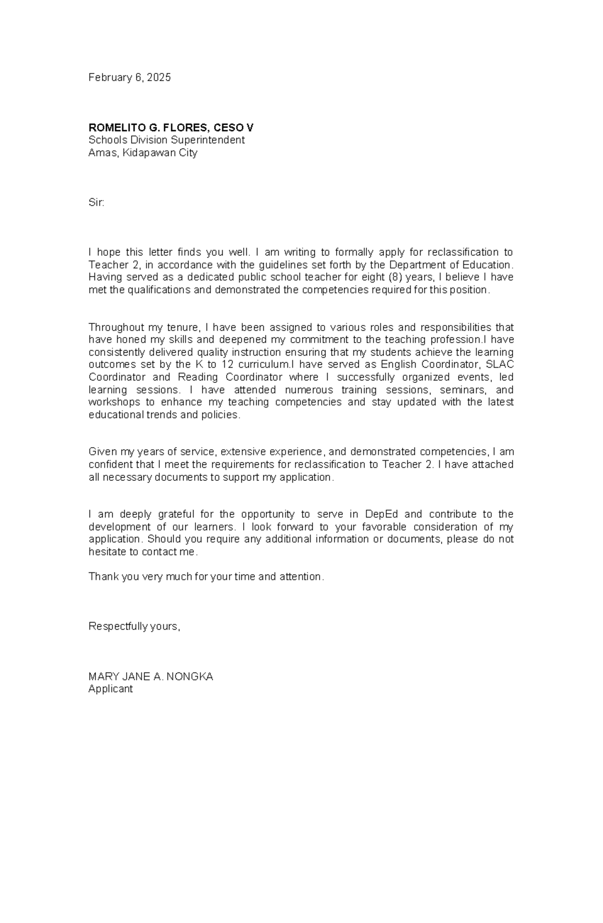 Letter of Intent for Teacher 2 Reclassification Application - Studocu