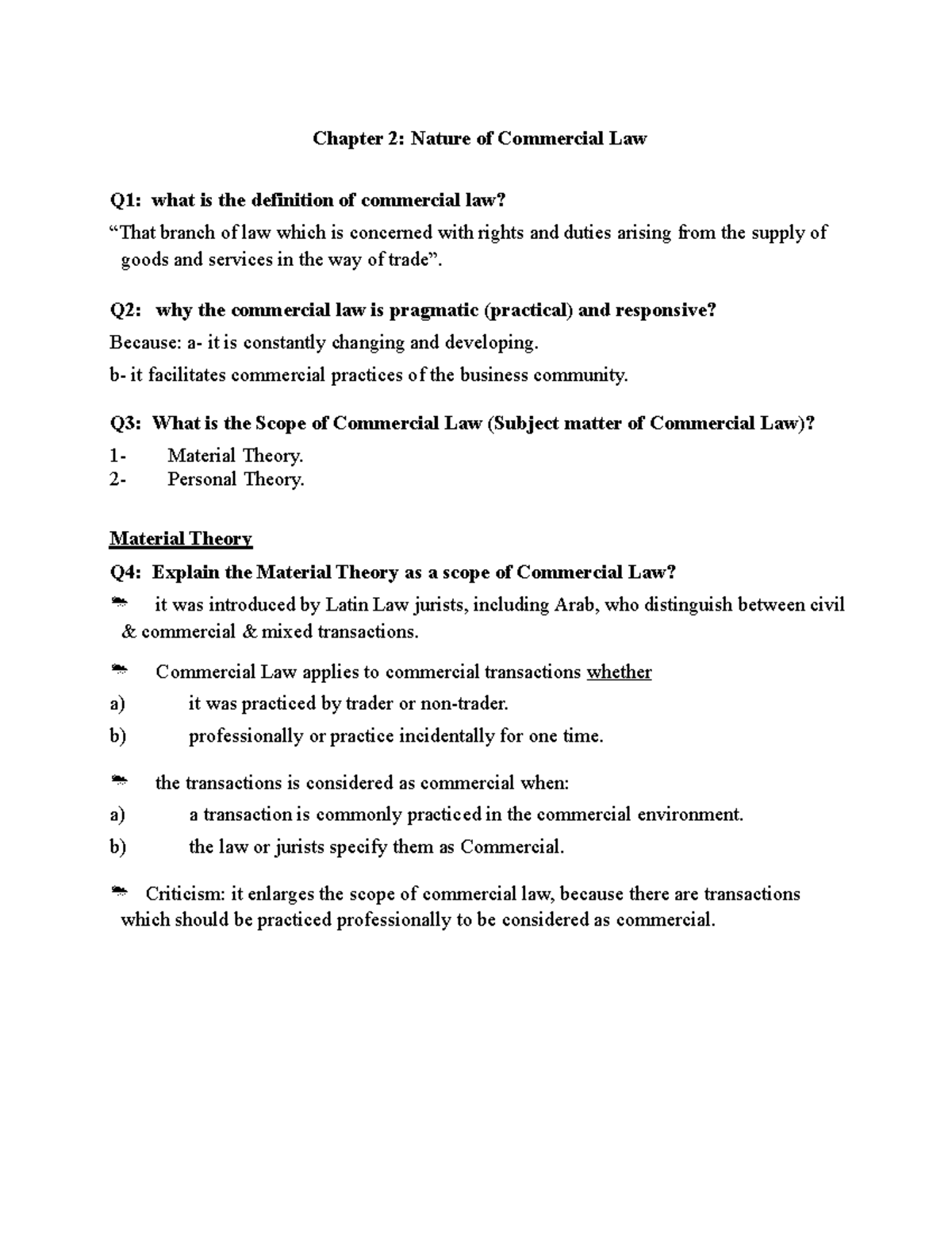 Commercial Law Notes - Chapter 2: Nature of Commercial Law Q1: what is ...