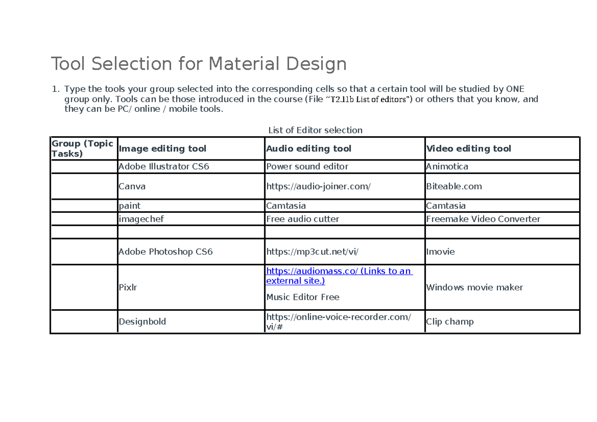 T2.II1a. Selected Tools for Material Design Projects and Tasks - Studocu