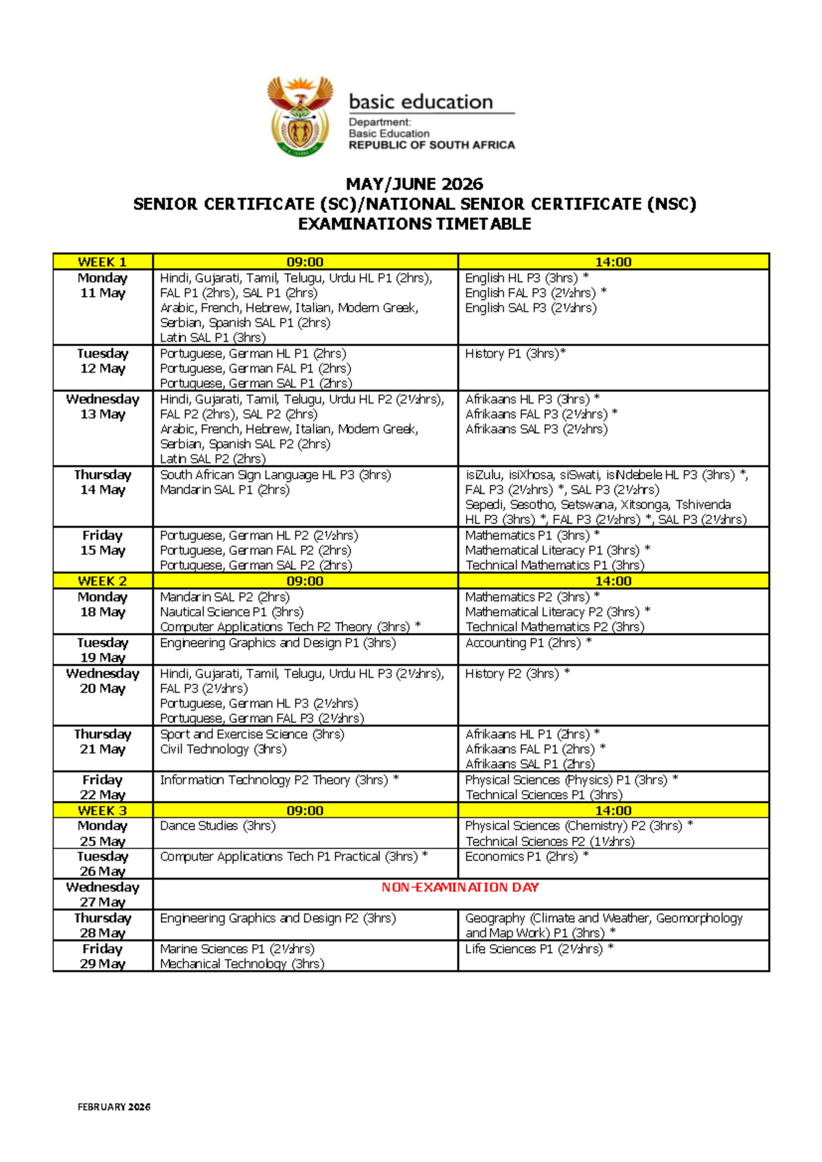 2026 NSC Final Exam Timetable: May-June Week 1-3 - Studocu