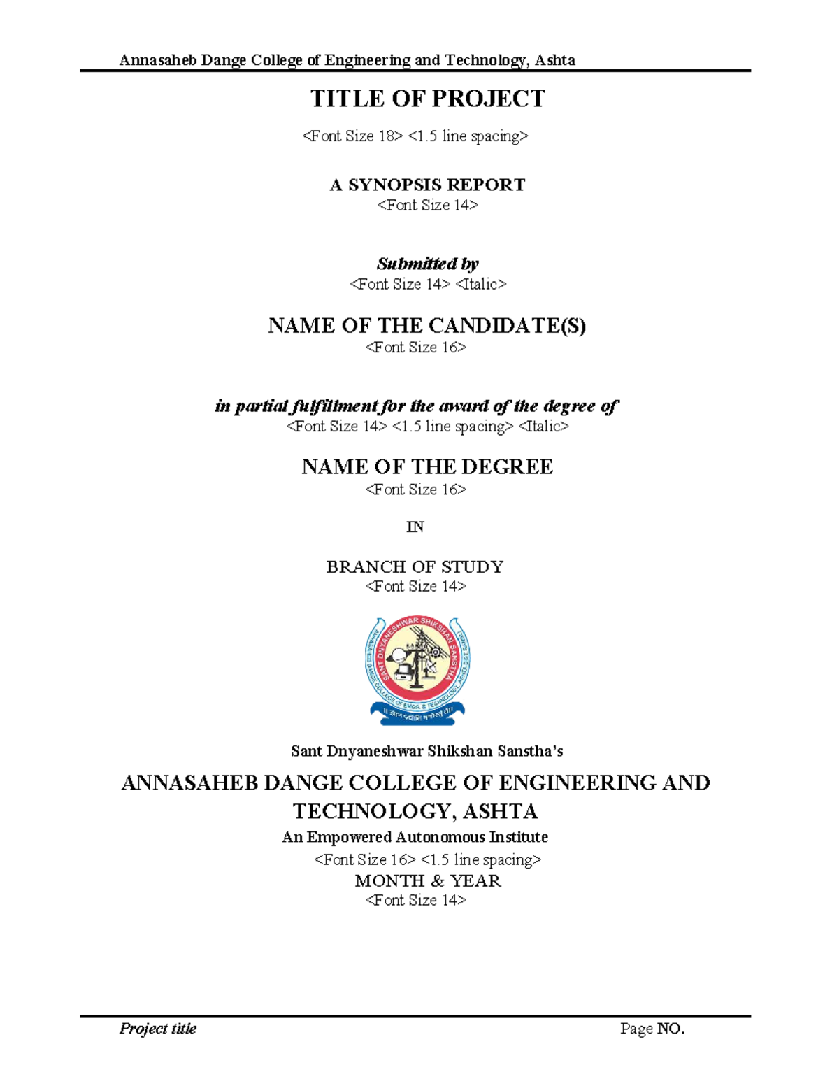 Project Synopsis Format for ADGET Engineering Degree - Studocu