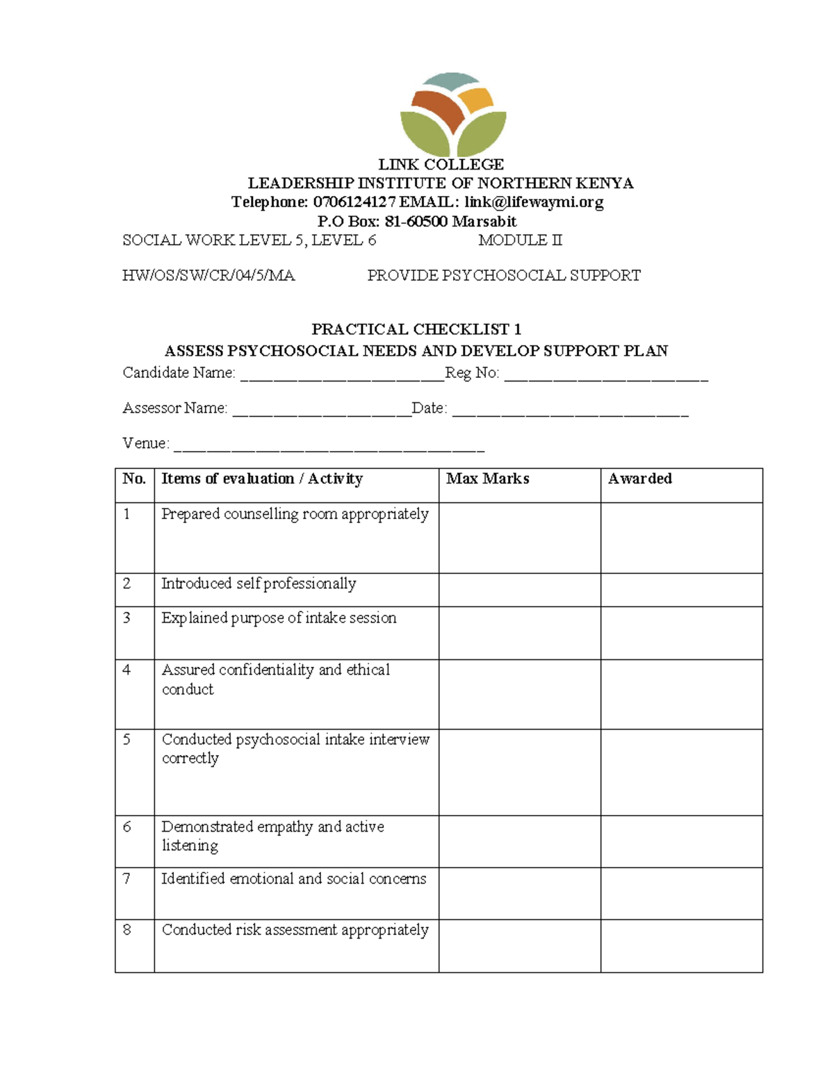 Social Work Level 5 & 6: Psychosocial Support Practical Checklist - Studocu