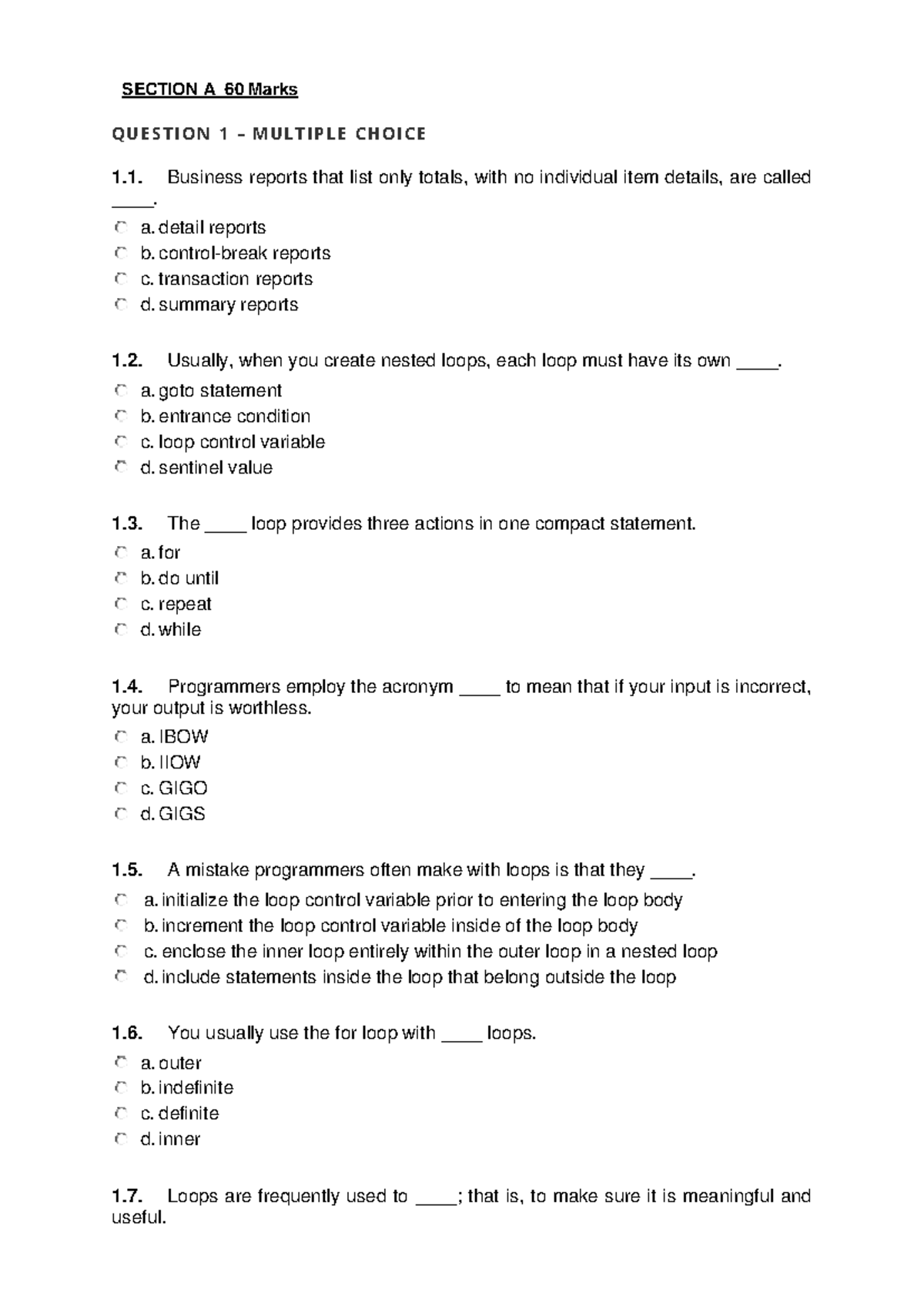 PRG100S Main Test: Multiple Choice & Short Answer Questions - Studocu