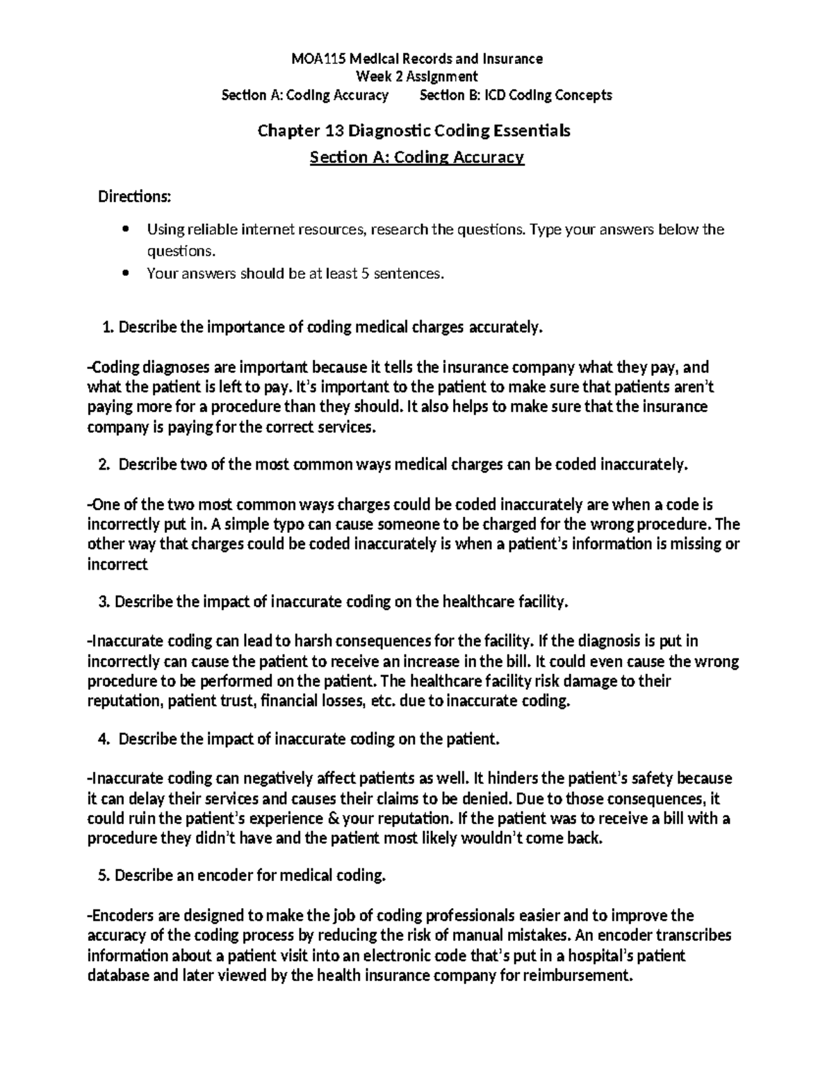 MOA115 Week 2 Assignment: Coding Accuracy & ICD Concepts - Studocu