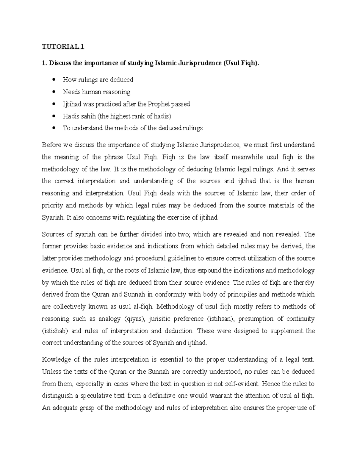 Islamic Law Tutorial - TUTORIAL 1 Discuss the importance of studying ...
