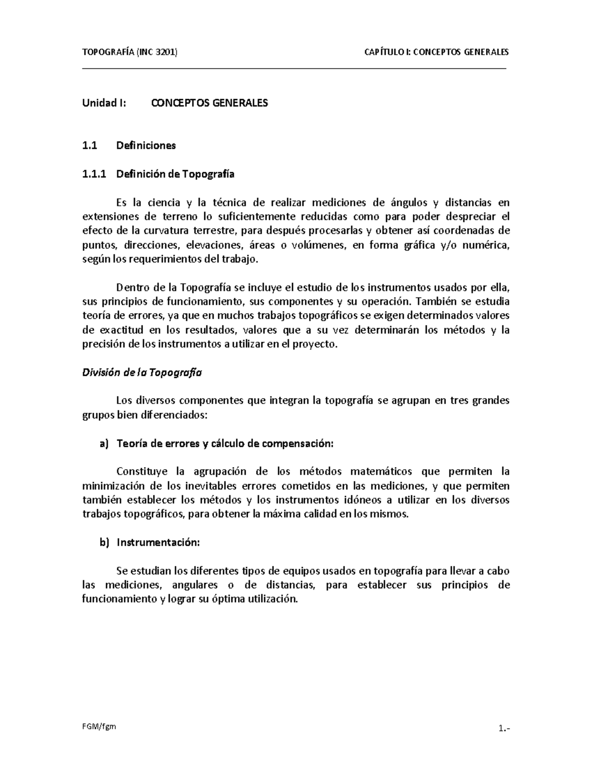 TOPOGRAFÍA (INC 3201) CAPÍTULO I: CONCEPTOS GENERALES Y DEFINICIONES - Studocu