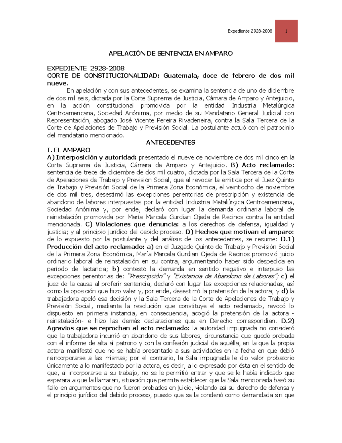 Apelación de Sentencia en Amparo: Expediente Corte Constitucionalidad ...