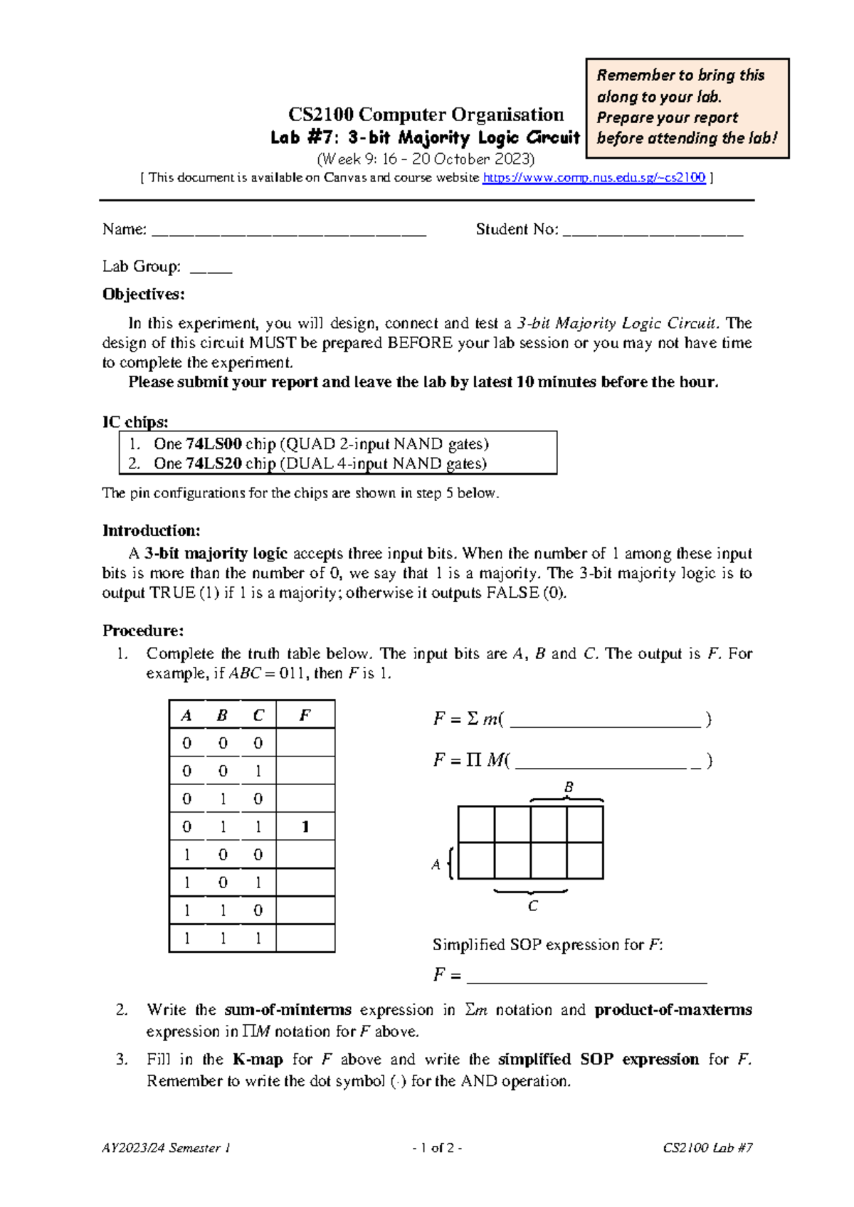 CS 2100 Lab # 7: 3-Bit Majority Logic Circuit Experiment - Studocu