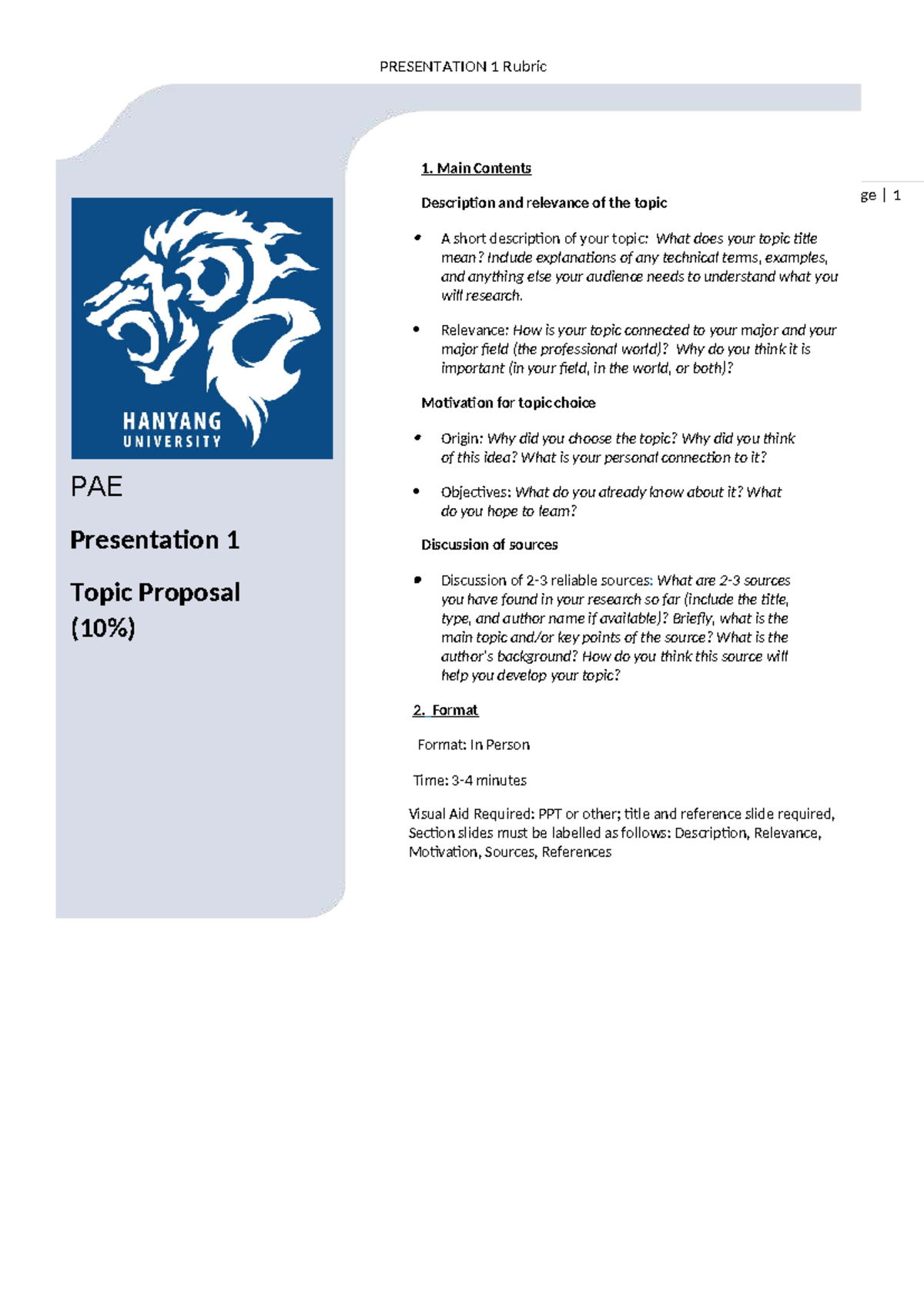 P1 Presentation 1 Rubric: Topic Proposal Guidelines and Scoring - Studocu