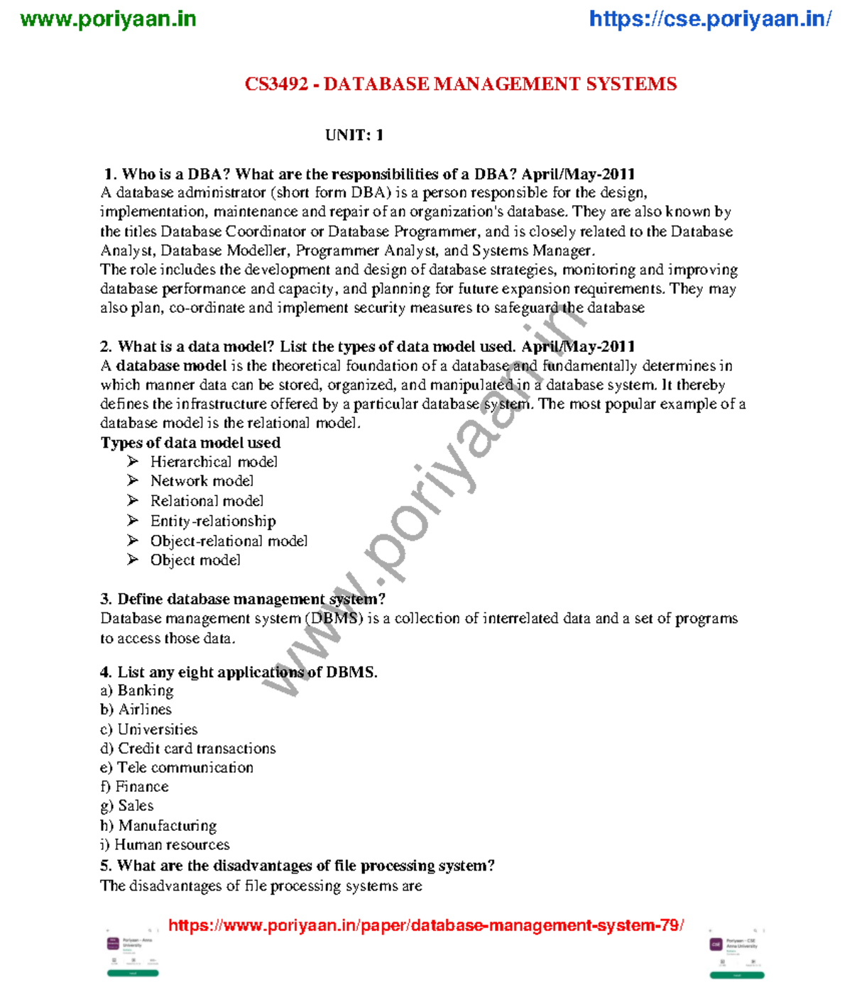 CS3492 DATABASE MANAGEMENT SYSTEMS UNIT 1: Key Concepts and ...