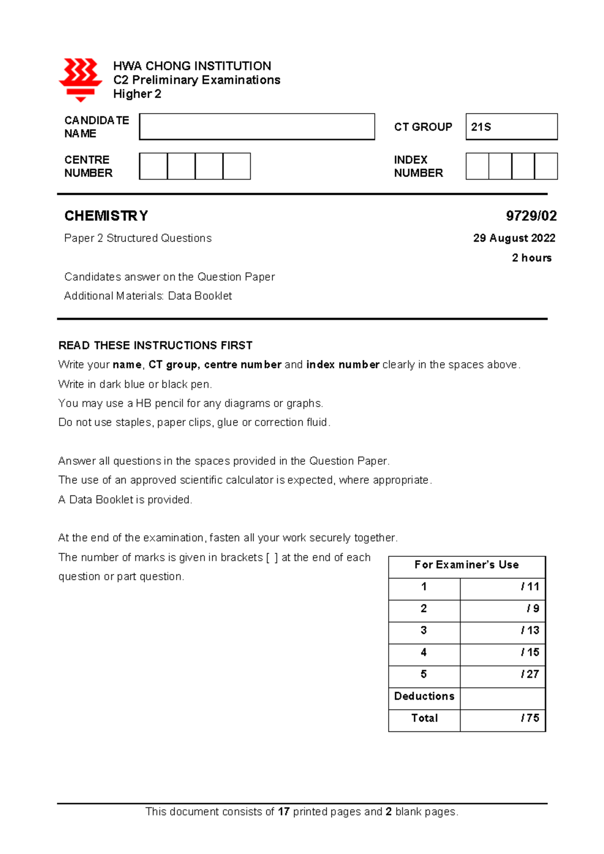 HCI H2 Chemistry Preliminary Exam Paper 2 Structured Questions 2022 ...