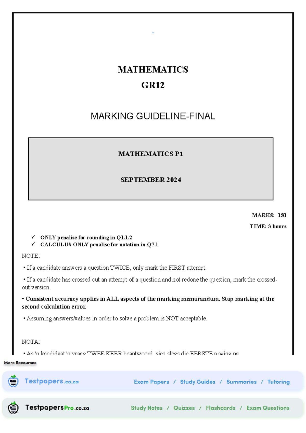 Mathematics P1 Marking Guidelines - September 2024 - Studocu