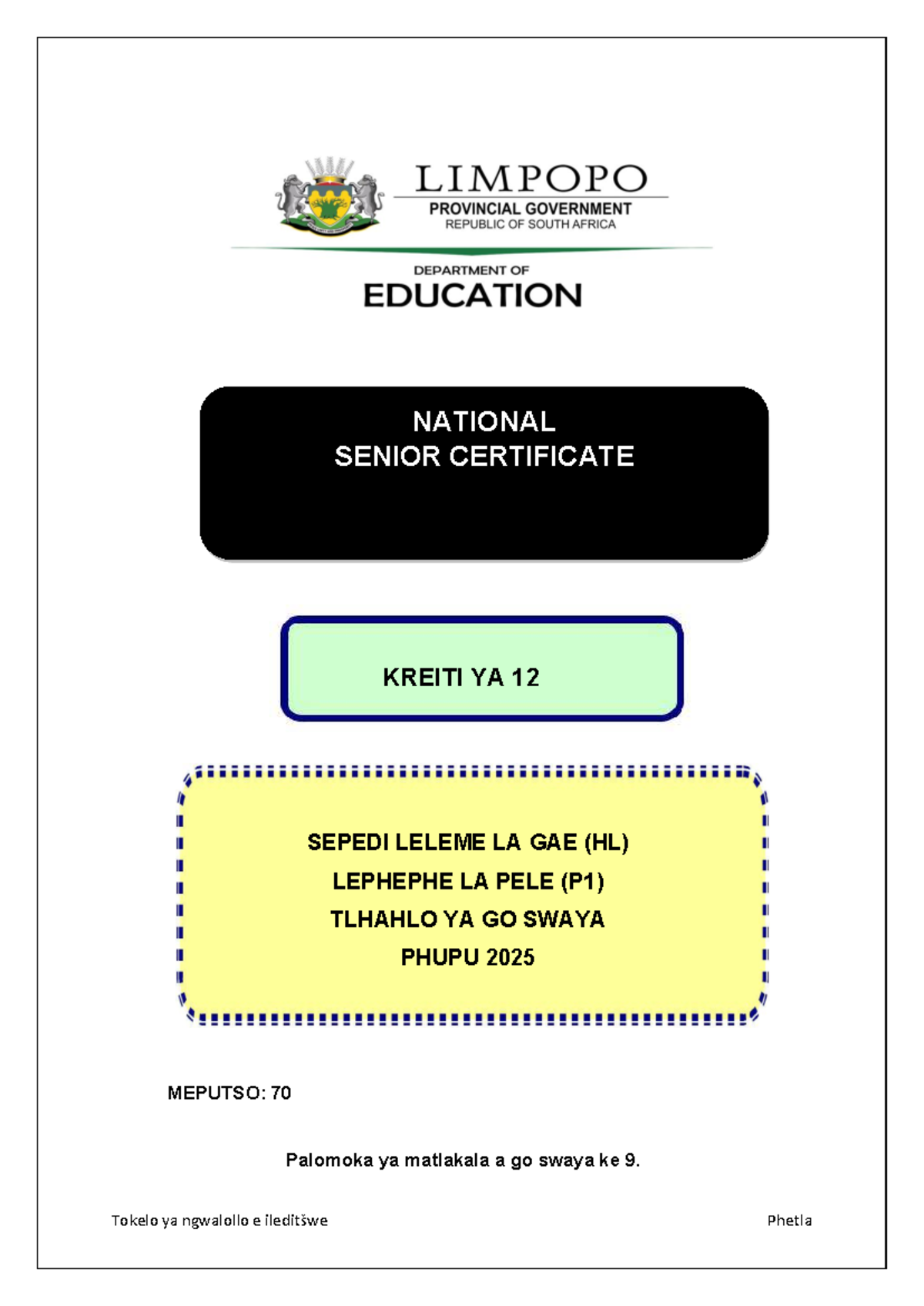 Sepedi HL P1 Mid-Year Exam Memo - Grade 12 2025 - Studocu