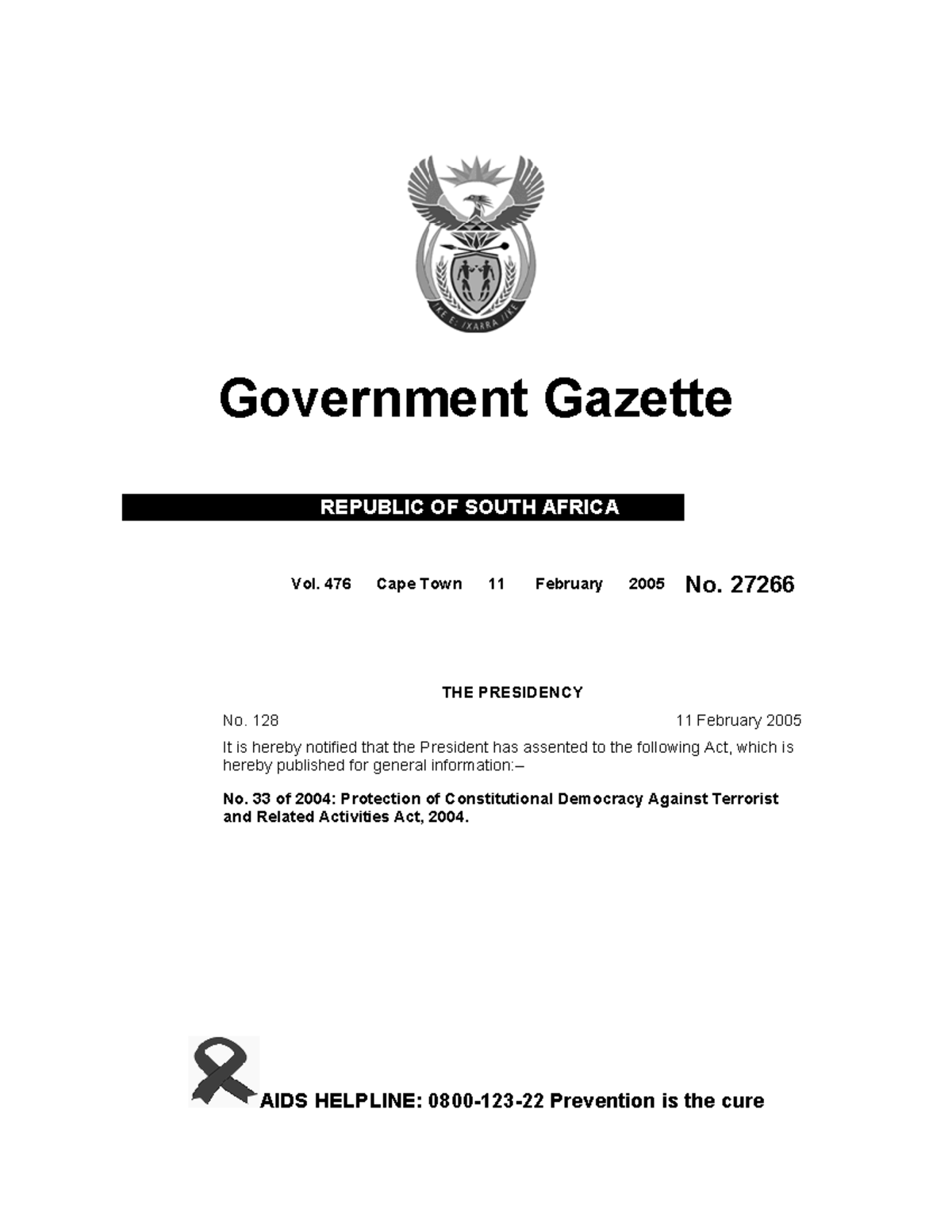 Protection of Constitutional Democracy Against Terrorism Act 33 of 2004 ...