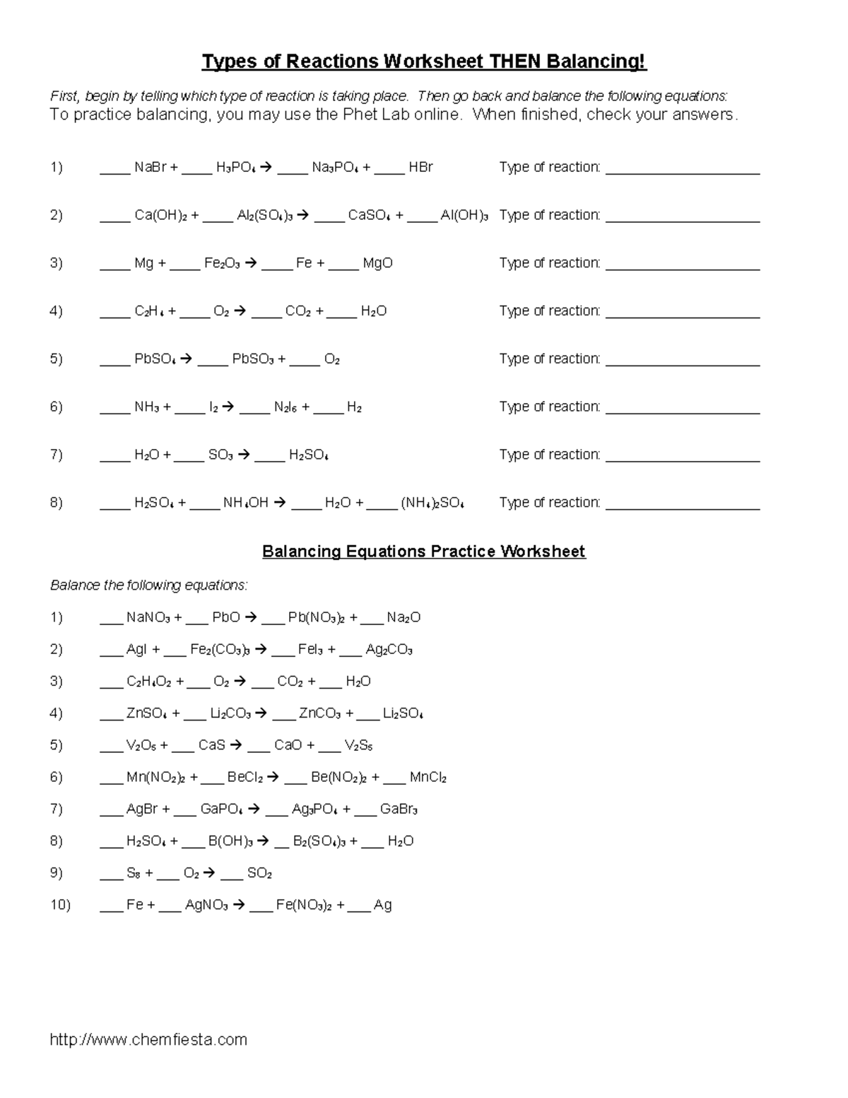 Balancing practice 3-5 - Types of Reactions Worksheet THEN Balancing ...
