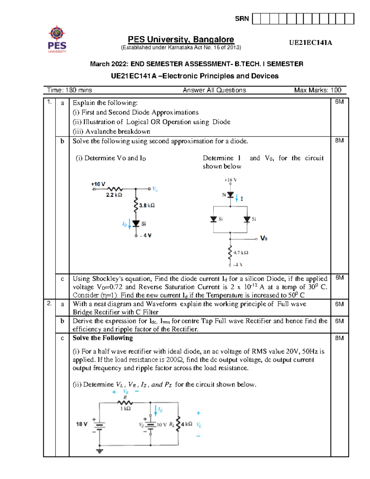 UE21EC141A - March 2022 End Sem Exam QP for Electronic Principles - Studocu