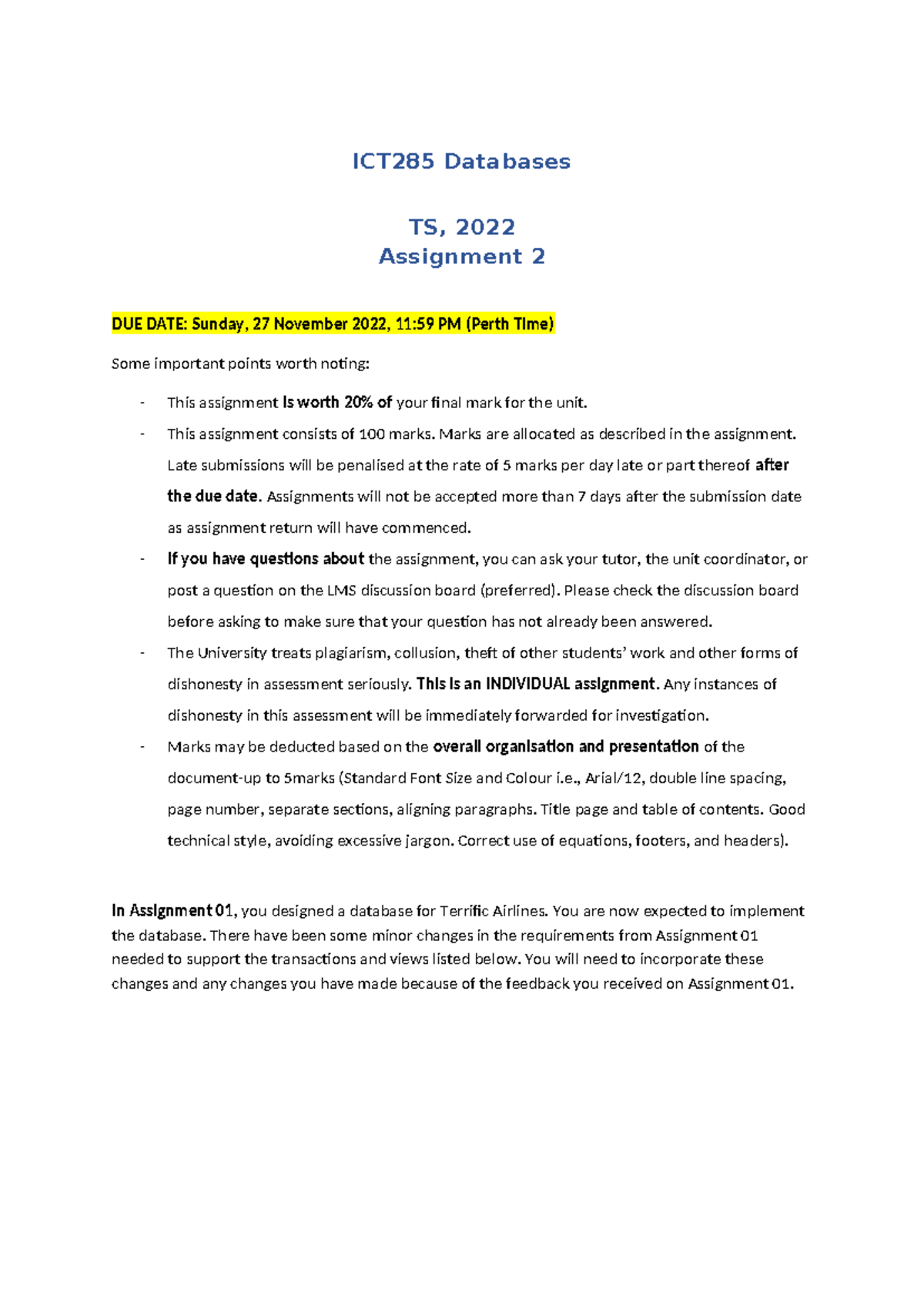 ICT285 databases TS, 2022 assignment 2 guidelines and requirements - Studocu