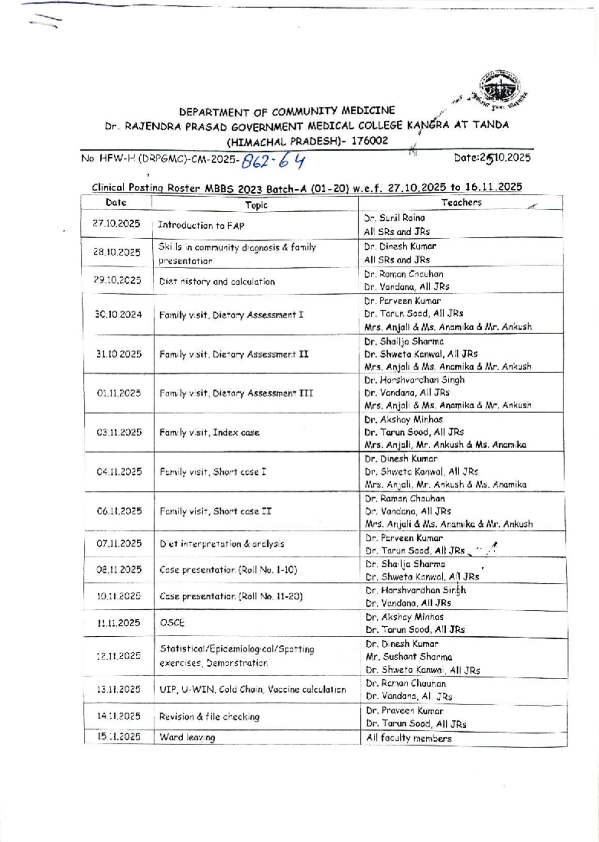 GOVT 2023 Clinical Posting Roster - Dr. Rajendra Prasad Medical College ...