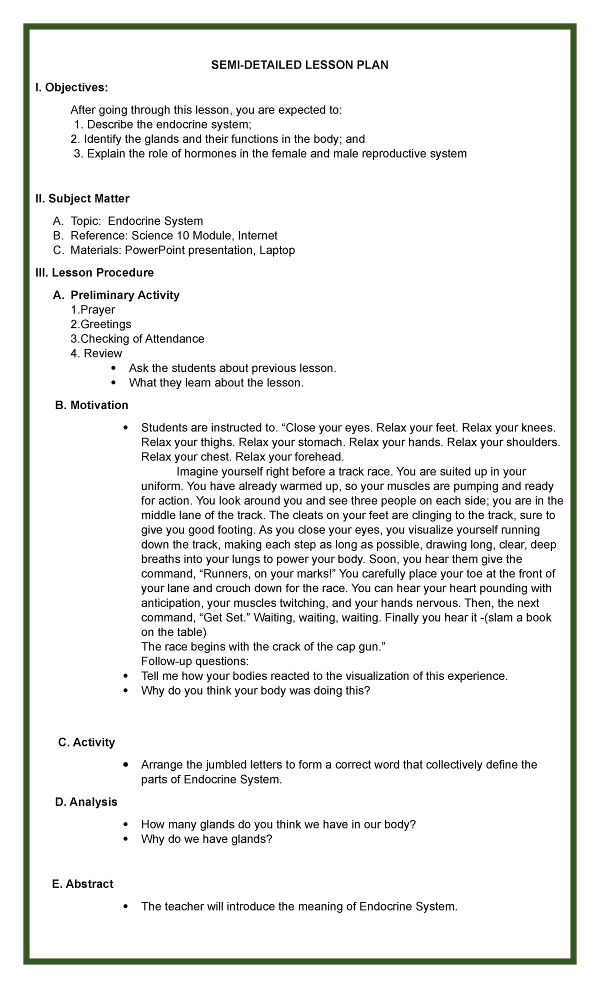 Endocrine System Lesson Plan: Objectives, Activities & Evaluation - Studocu