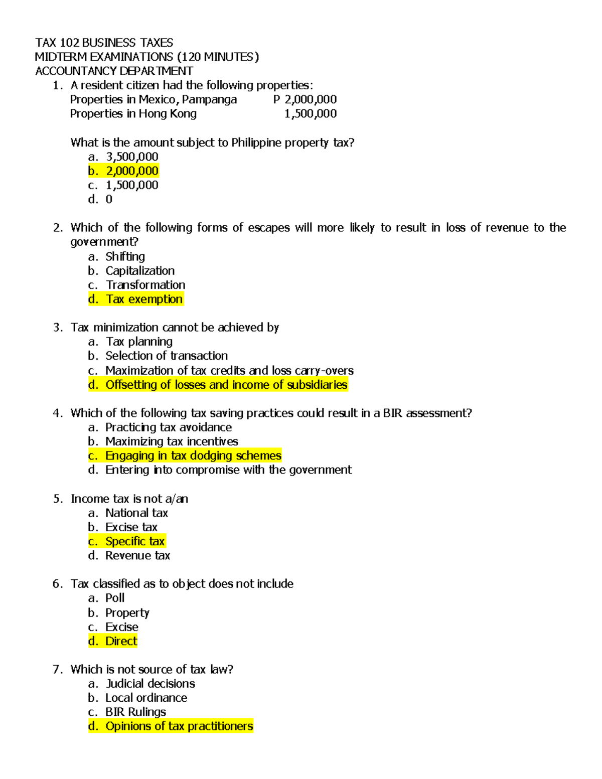 Midterm Exam Answers - Tax (ACCT 101) - Studocu
