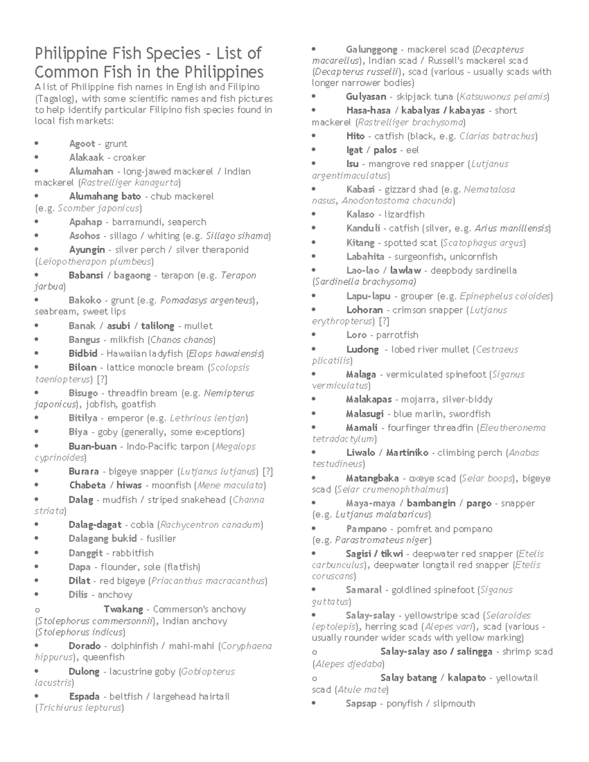 Philippine Fish Species: Common Names and Scientific Designations - Studocu