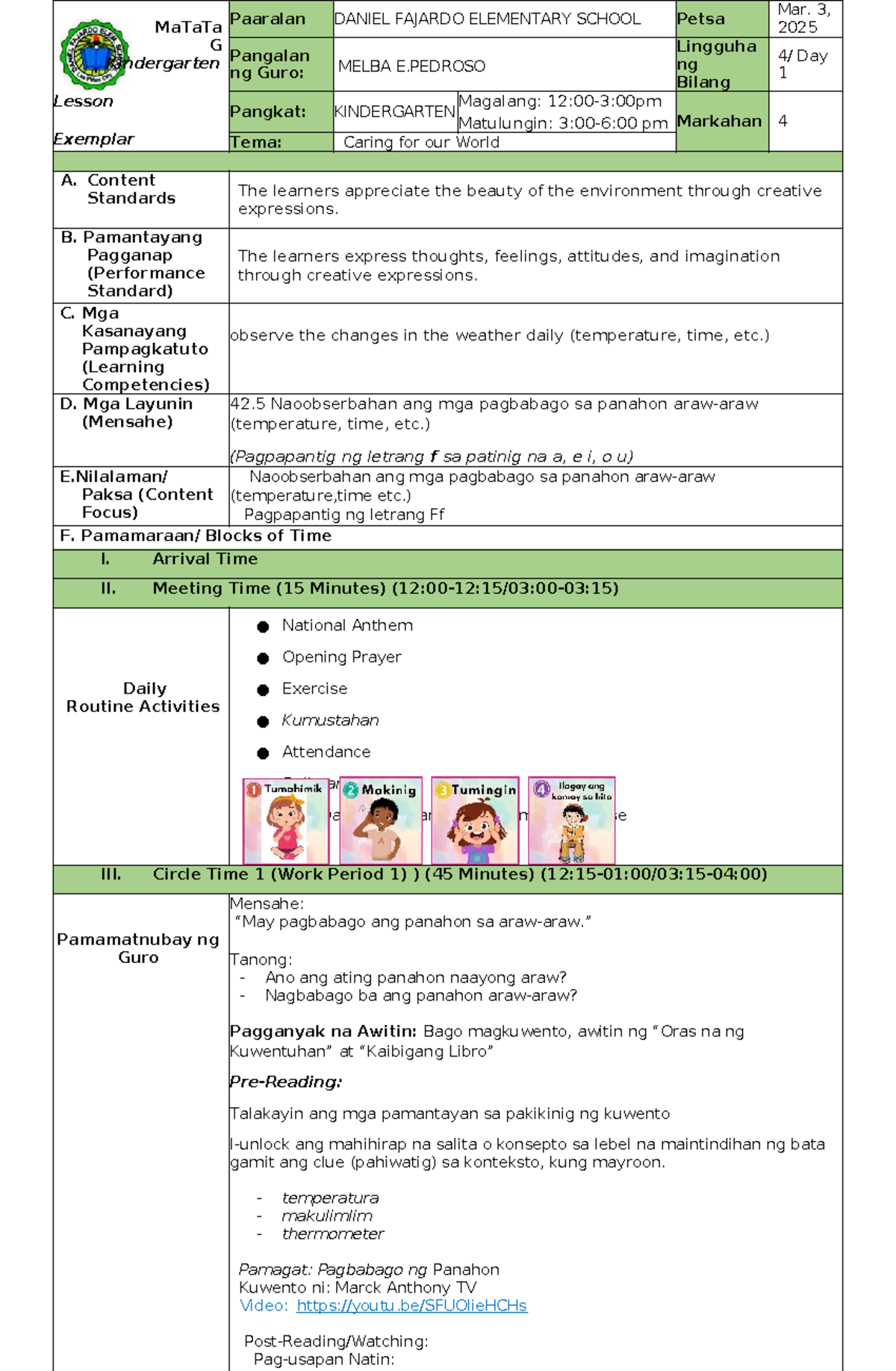 Kindergarten LE Q4 W4 - Caring for Our World Lesson Plan - Studocu