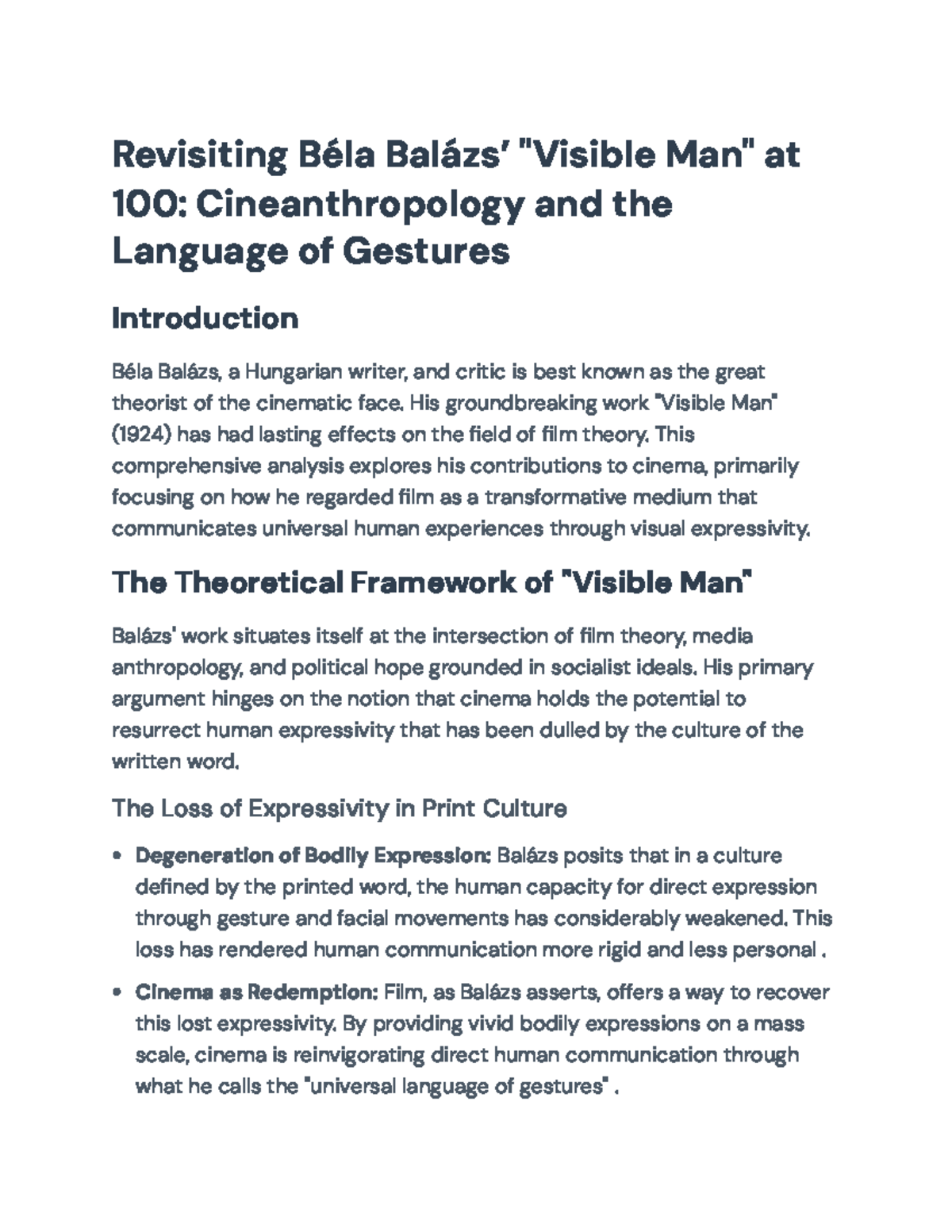 Revisiting Béla Balázs' "Visible Man" in Film Theory and Culture ...
