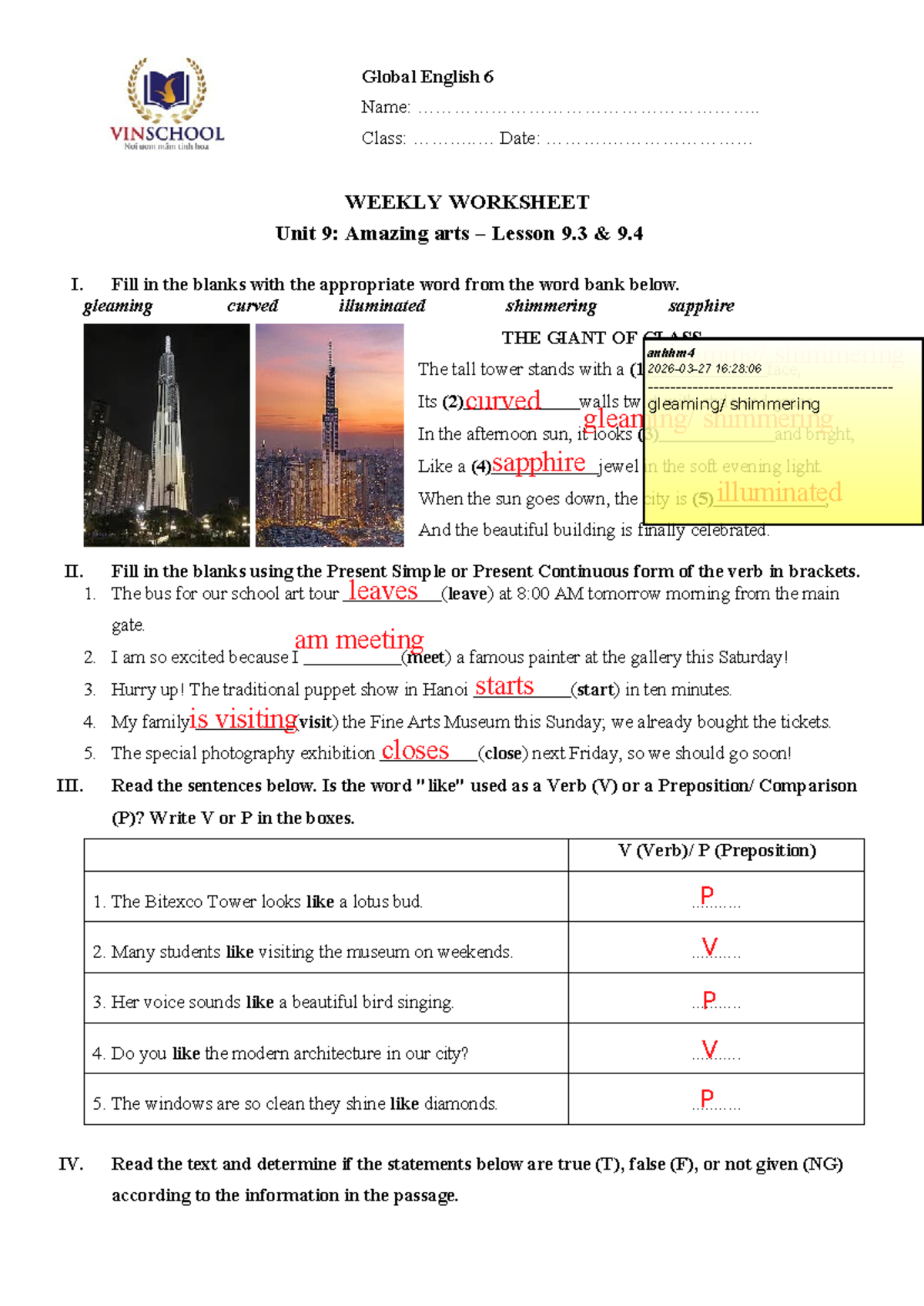S6.W30.U9. Weekly Worksheet: Amazing Arts & Architecture - Studocu