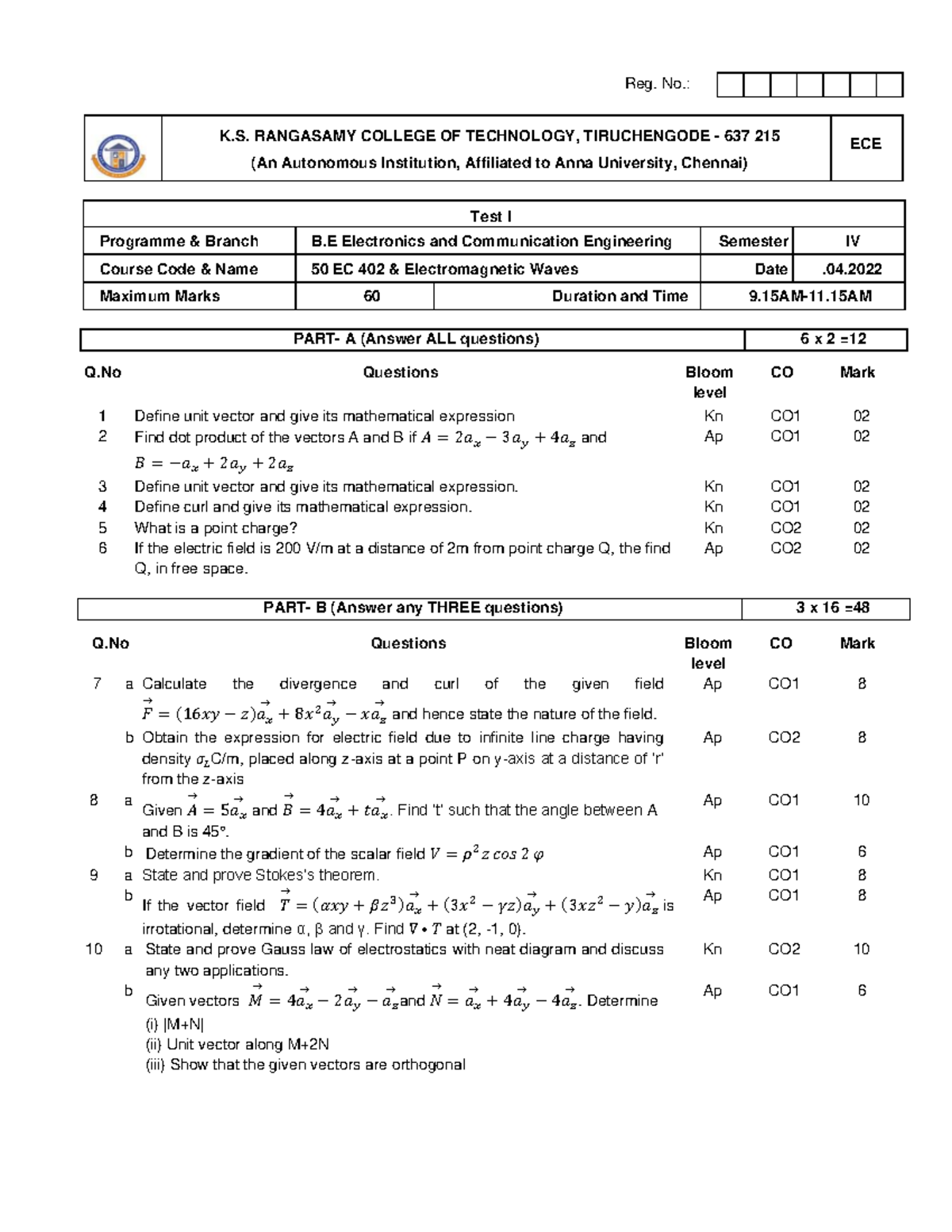 EMW 50 EC 402 Test I Question Paper - ECE Semester IV - Studocu