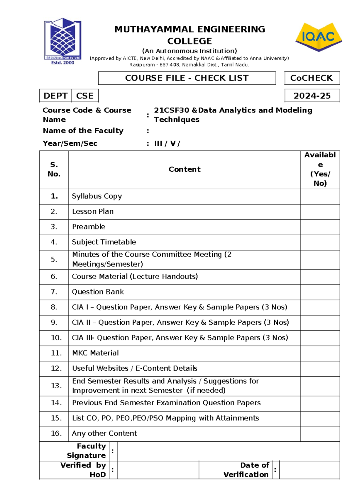 21CSF30 Course File Checklist for Analytics and Modeling Techniques ...
