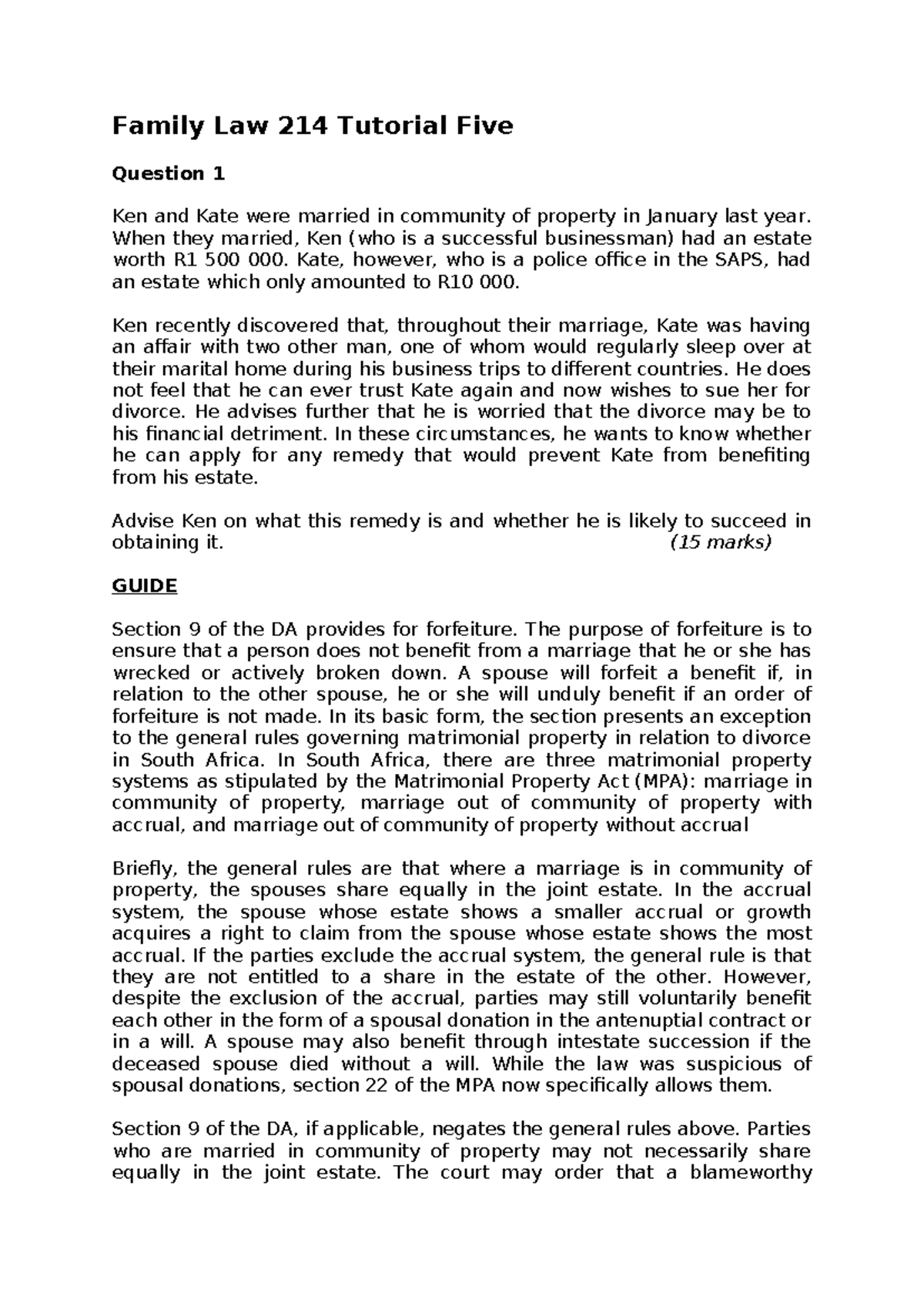 Family Law 214 Tutorial Five: Divorce and Maintenance Claims Explained - Studocu