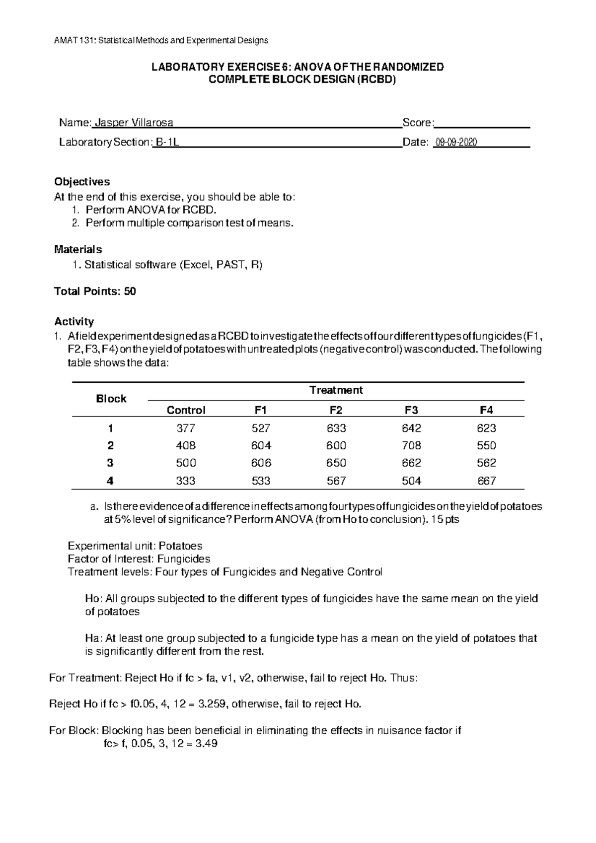 Lab 6 Anova of the Randomized Block Design AMAT 131 Statistical Methods ...