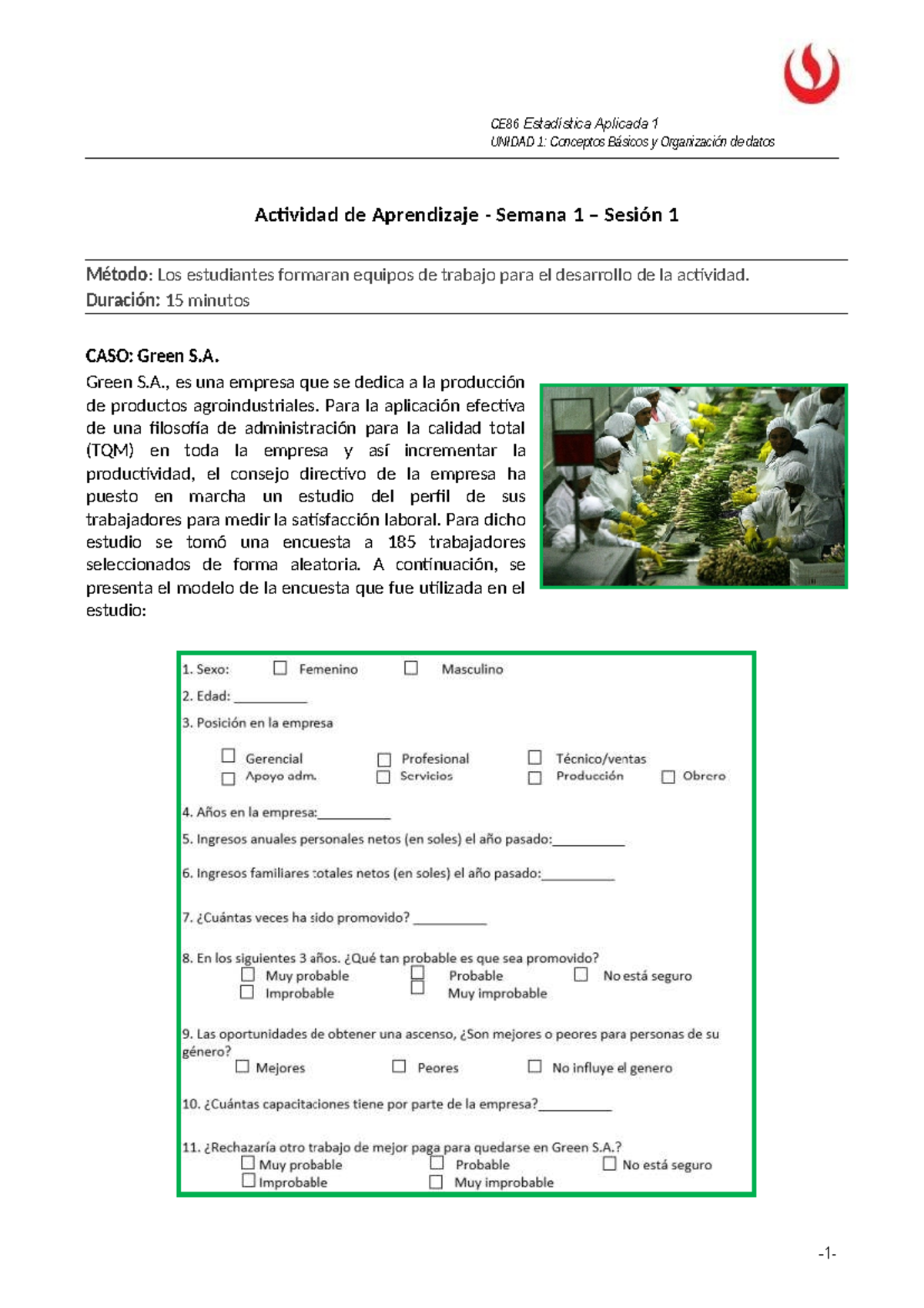 CE86 Estadística Aplicada 1 - Actividad de Aprendizaje Semana 1 - Studocu
