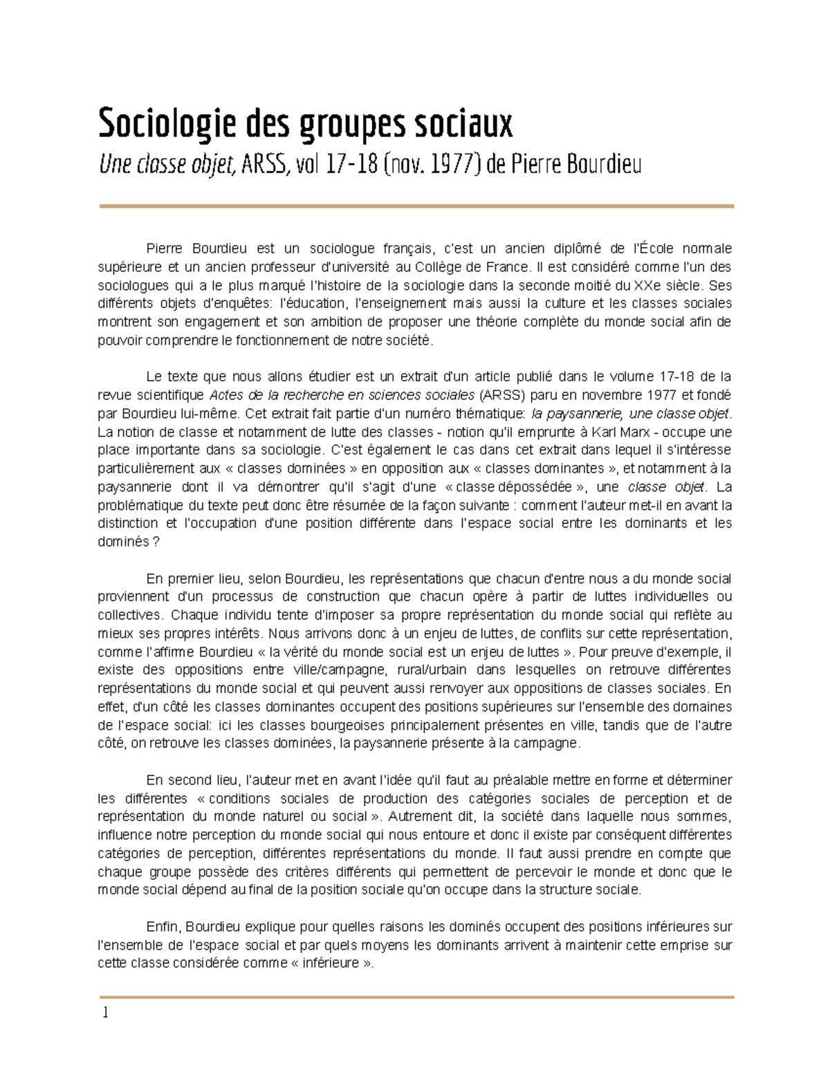 Sociologie des Classes Sociales: Analyse de Bourdieu, ARSS, Nov. 1977 ...