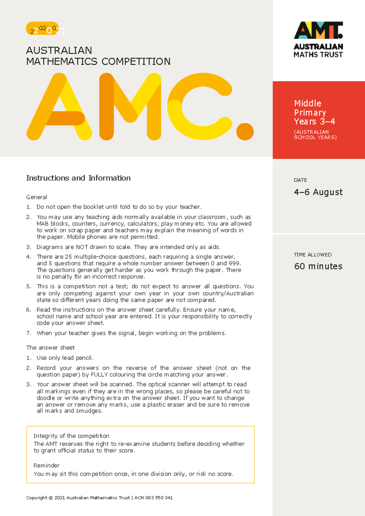 ĐỀ AMC 2021 Middle Primary - Hướng Dẫn và Thông Tin - Studocu
