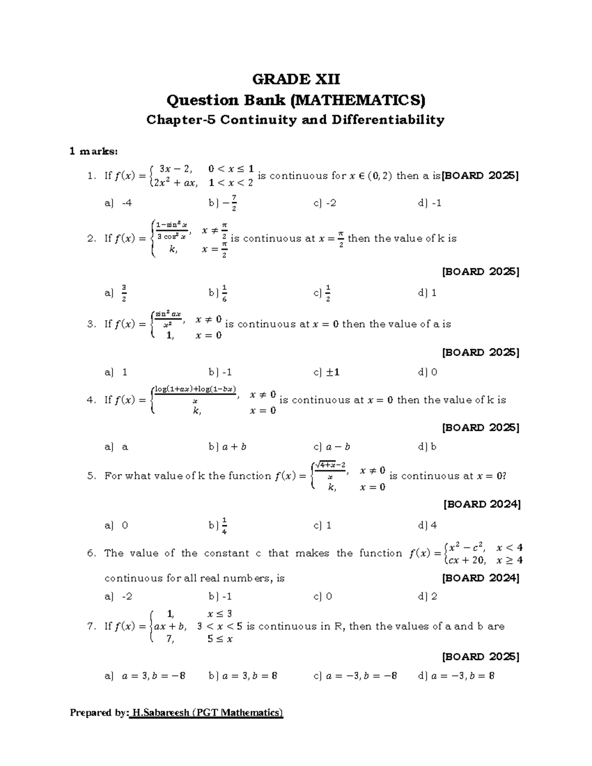 GRADE XII Mathematics Question Bank: Continuity & Differentiability ...