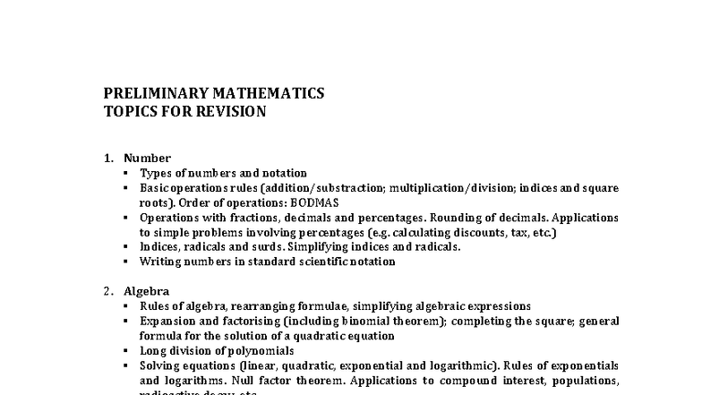 MAT 101: Preliminary Mathematics Revision Topics Guide - Studocu