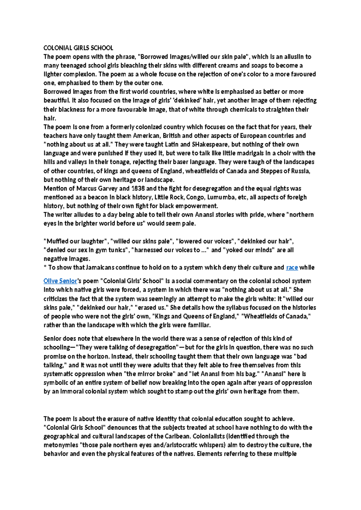 Colonial - Essay Notes on Olive Senior's "Colonial Girls School" - Studocu