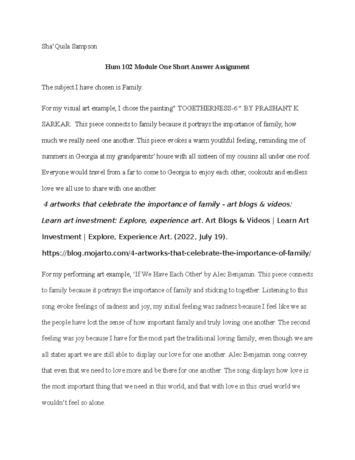 HUM 102 Module One Short Answer: The Importance of Family in Art - Studocu