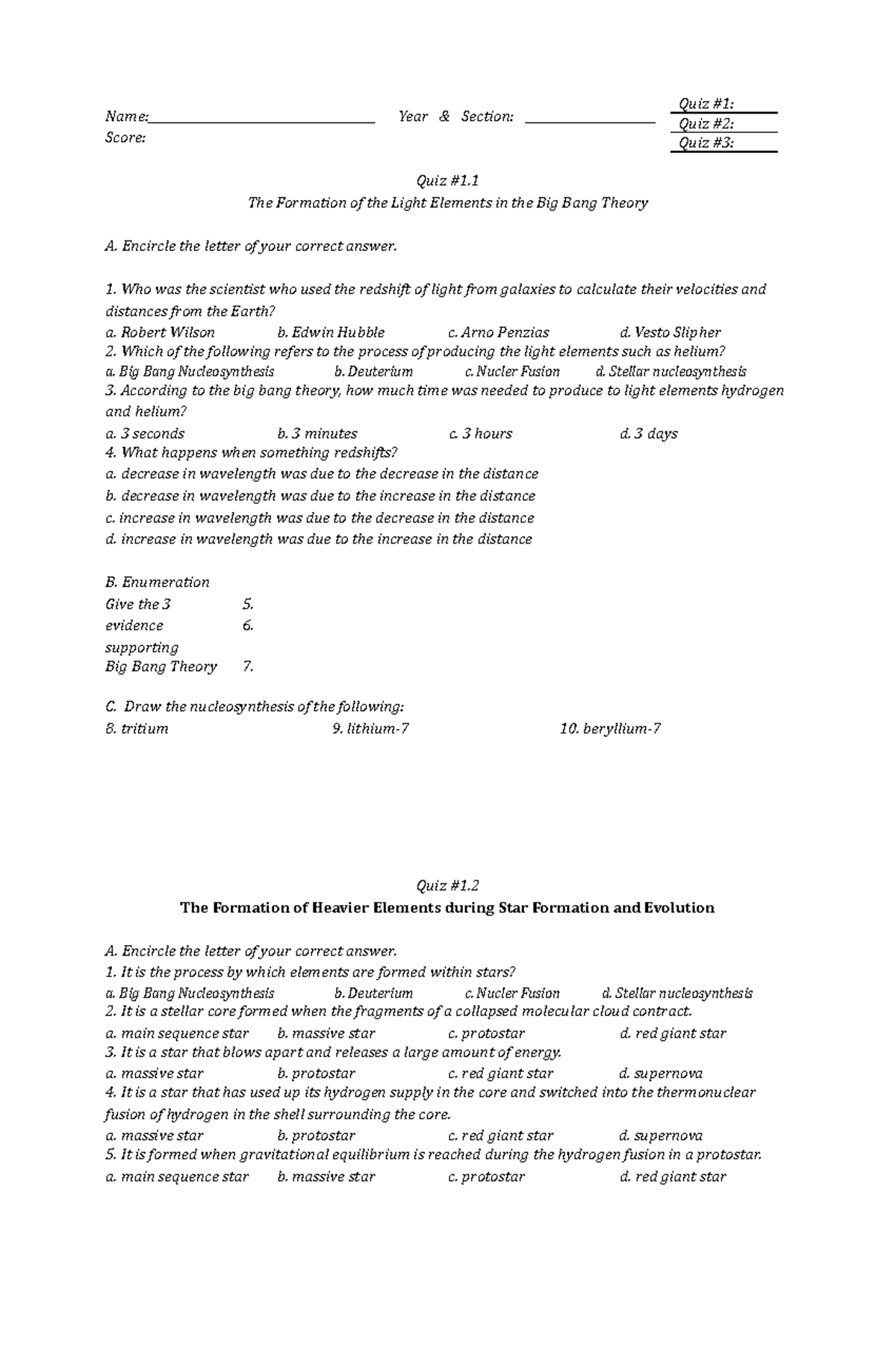 (Quiz) Understanding Light Element Formation in Big Bang Theory - Studocu