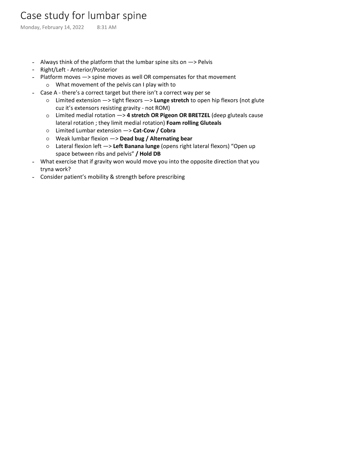 Case Study: Lumbar Spine Mechanics and Mobility Exercises - Studocu