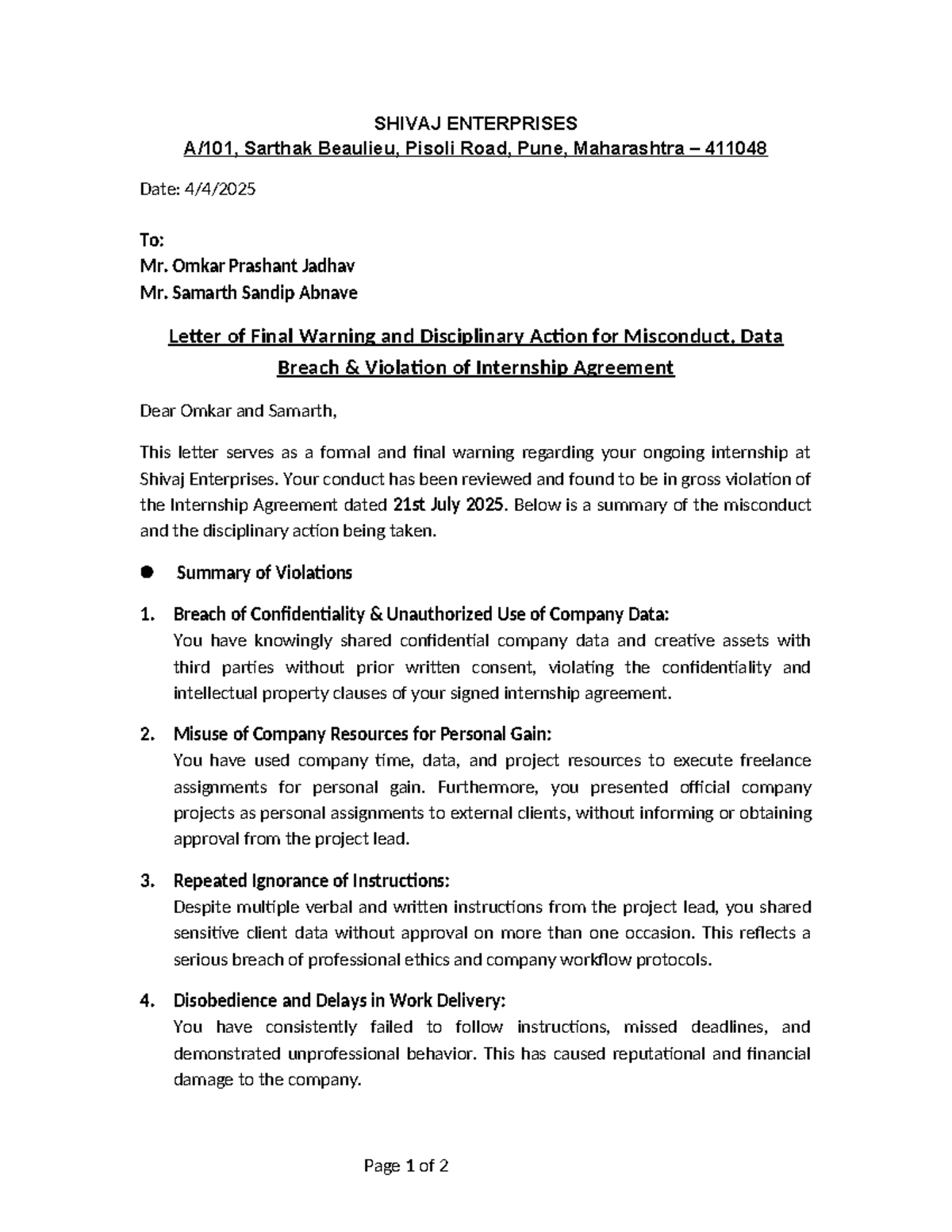 SHIVAJ ENTERPRISES Final Warning Letter for Misconduct - Studocu
