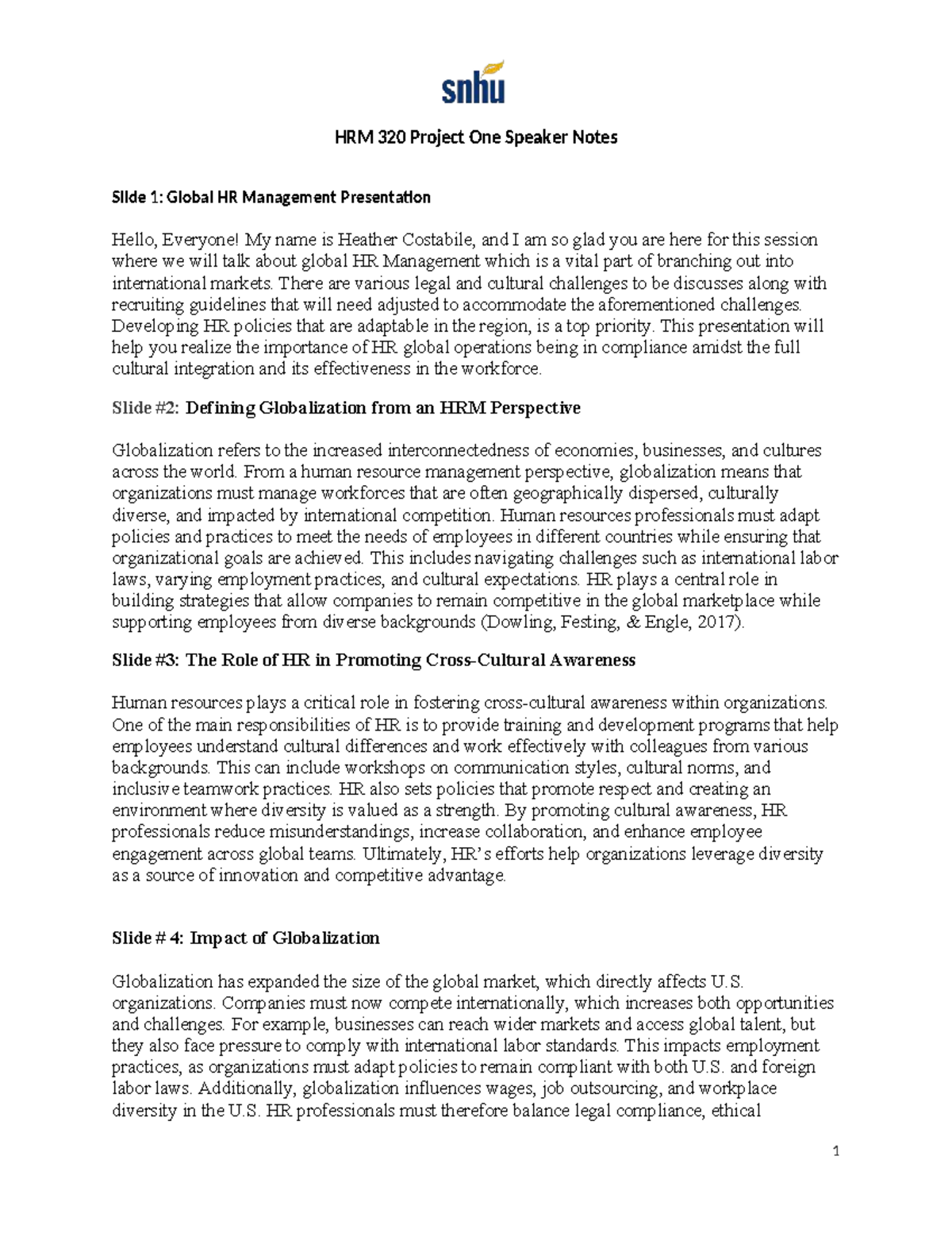 HRM 320 Project One: Global HR Management Speaker Notes - Studocu