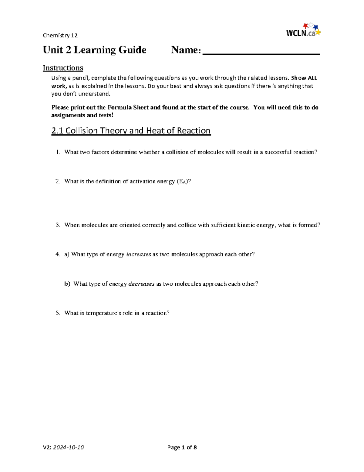 Chemistry 12 Unit 2 Learning Guide: Collision Theory & Reaction ...
