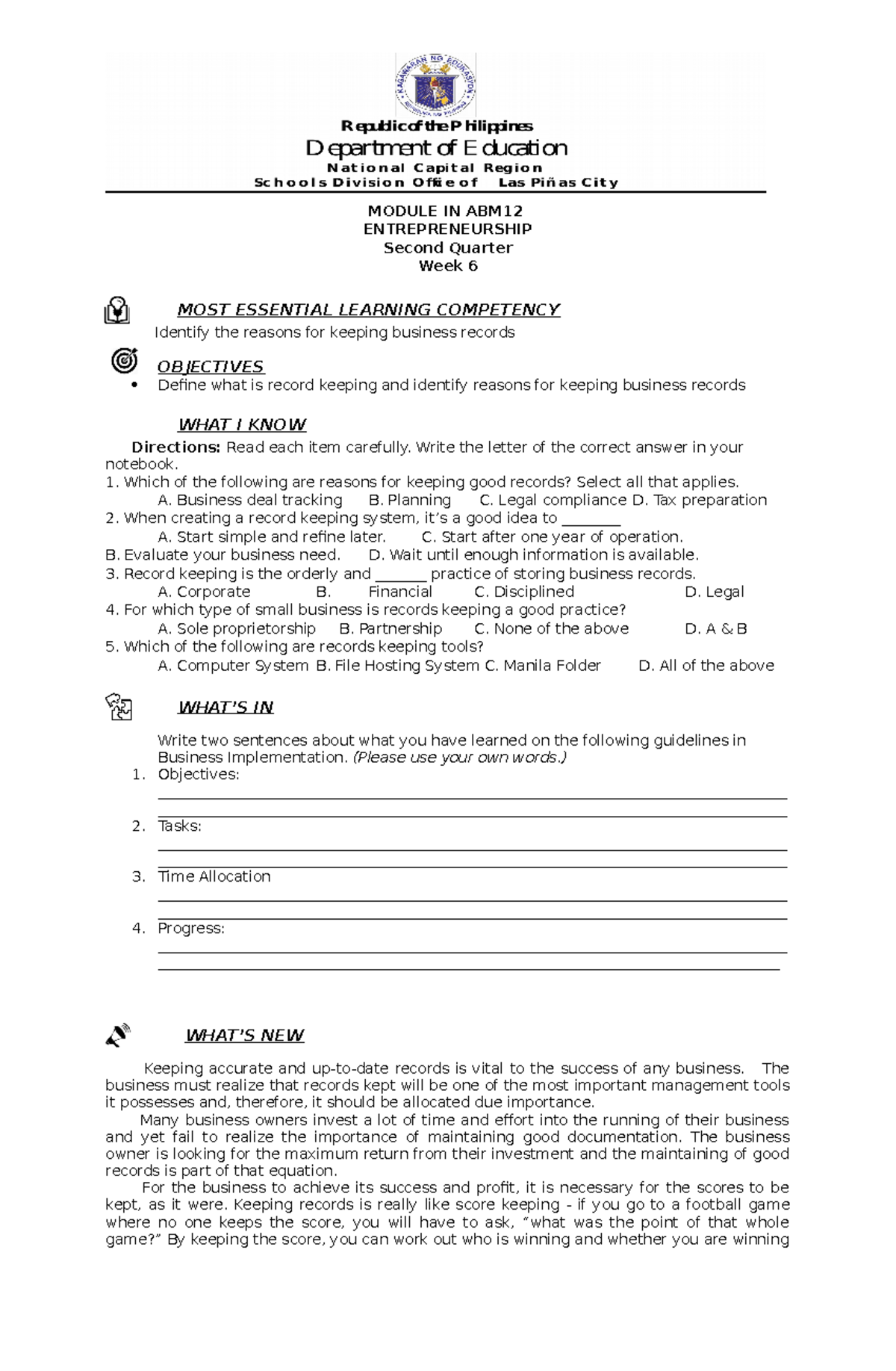 Grade 12 Entrepreneurship Module: Record Keeping Week 6 Guide - Studocu