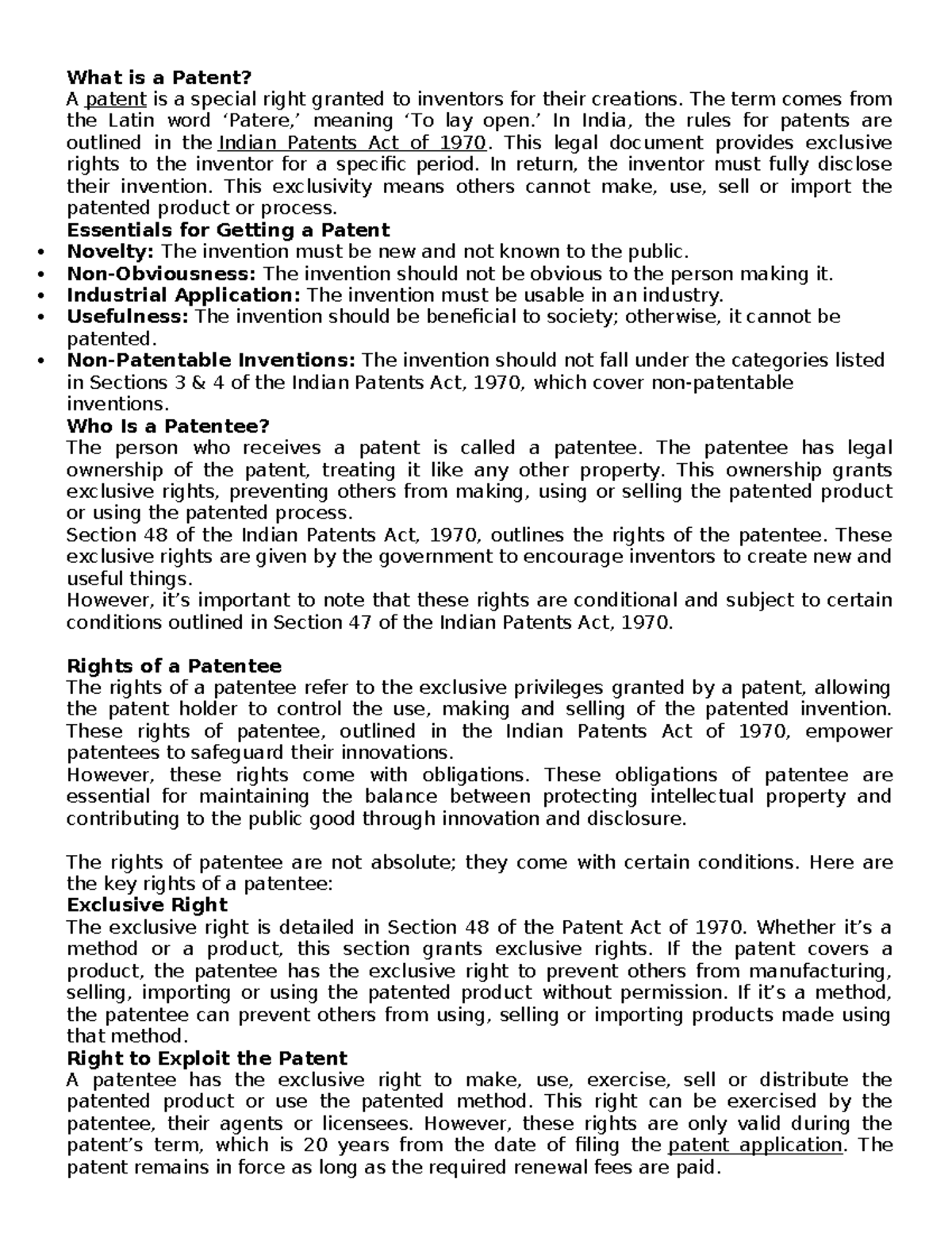 Patent Rights and Essentials: Overview of Indian Patents Act 1970 - Studocu