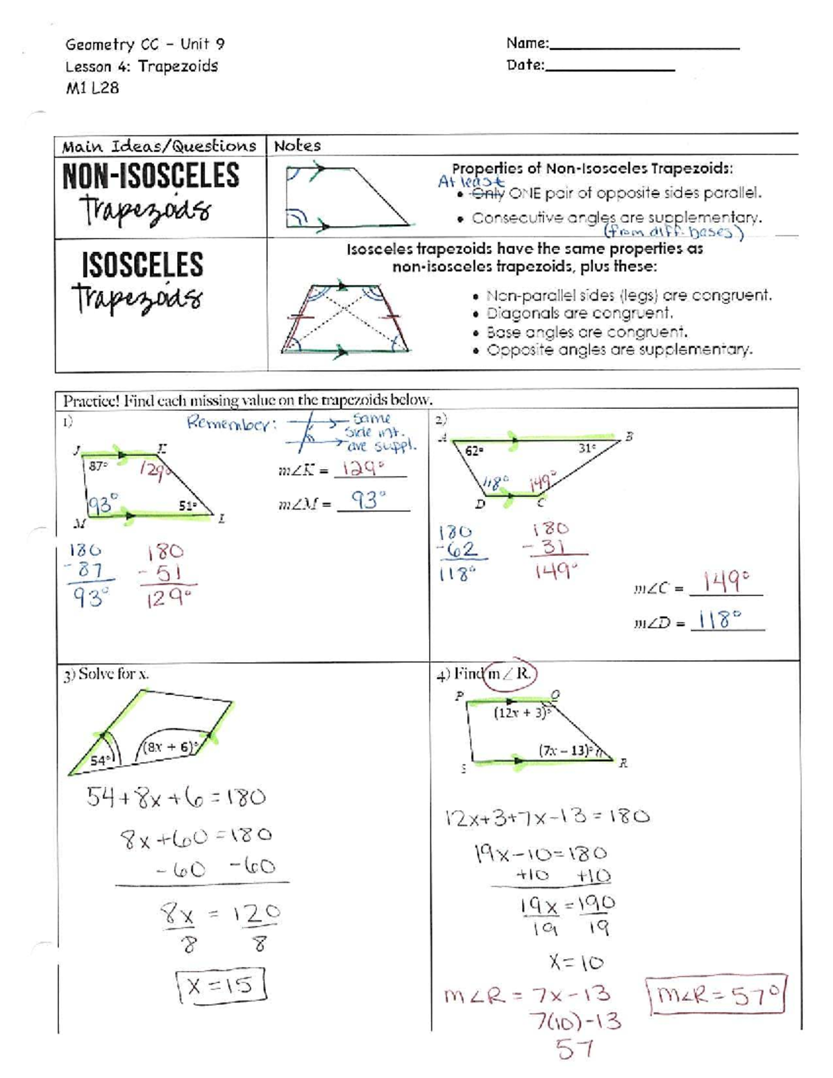 Geometry CC Unit 9: Lesson 4 - Properties of Trapezoids Notes - Studocu