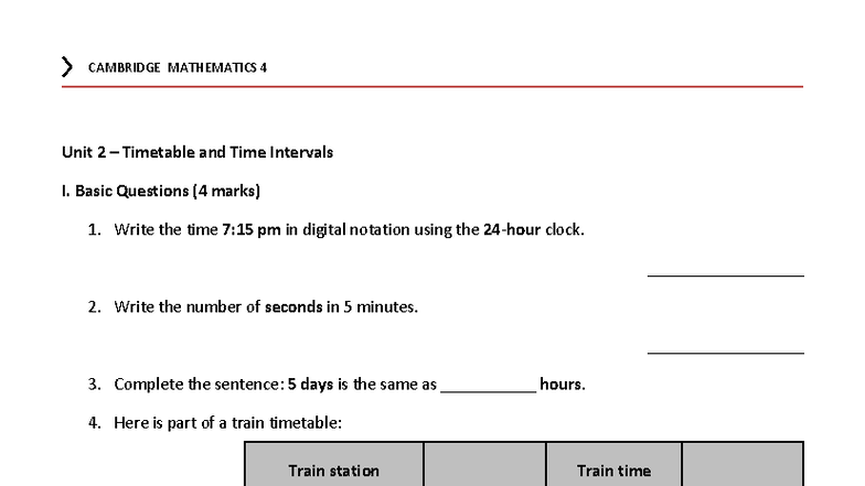 CAMBRIDGE MATHEMATICS 4 Unit 2 Timetable & Time Intervals Questions ...