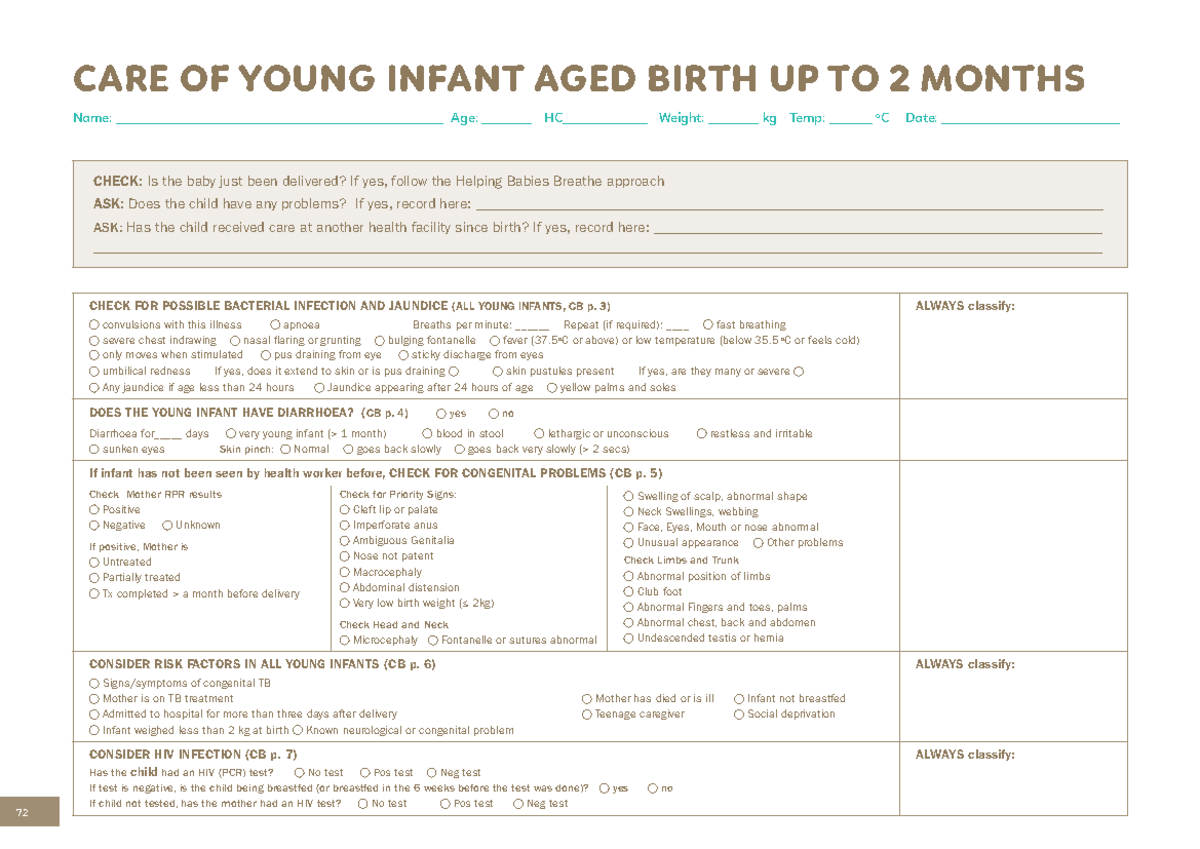 IMCI Chart Booklet: Care of Young Infants (Birth to 2 Months) - Studocu